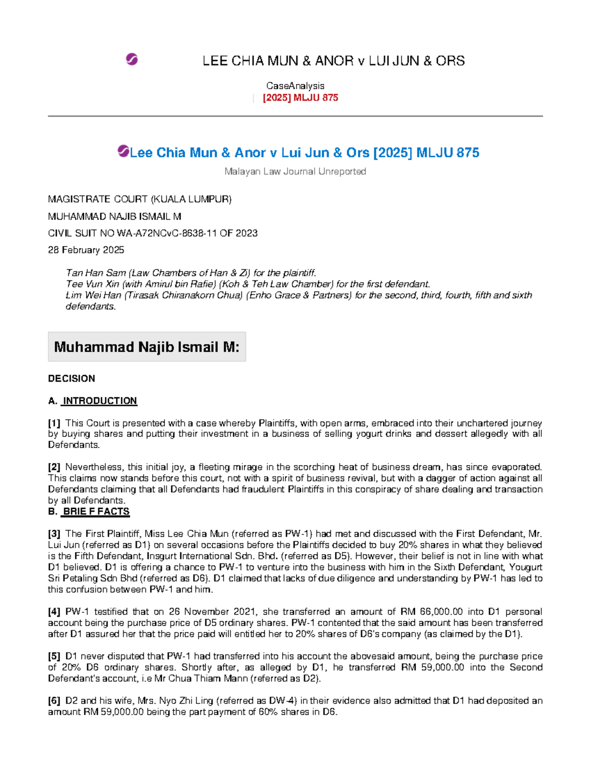 Lee Chia Mun & Anor v Lui Jun & Ors Case Analysis [2025] MLJU 875 - Studocu