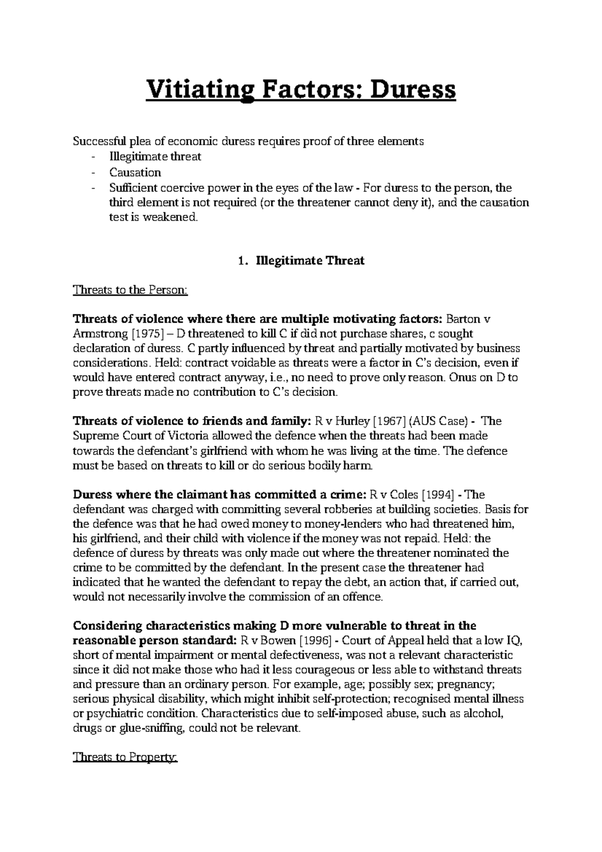 Vitiating Factors: Analyzing Duress in Case Law - Studocu
