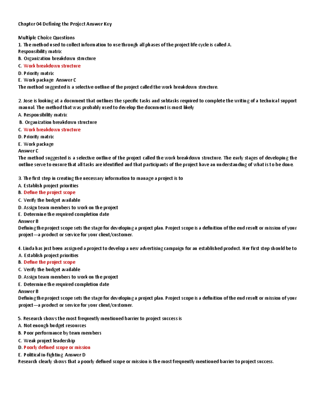 Project Management Ch4 - Chapter 04 Defining the Project Answer Key ...
