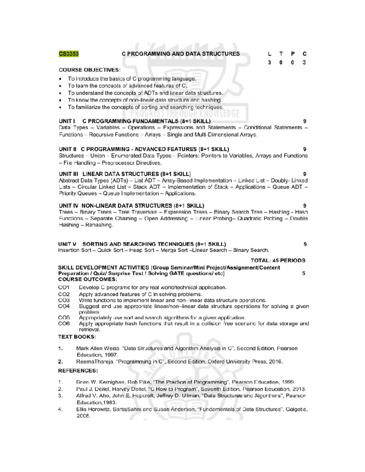 CS3353 C Programming & Data Structures Syllabus Overview - Studocu