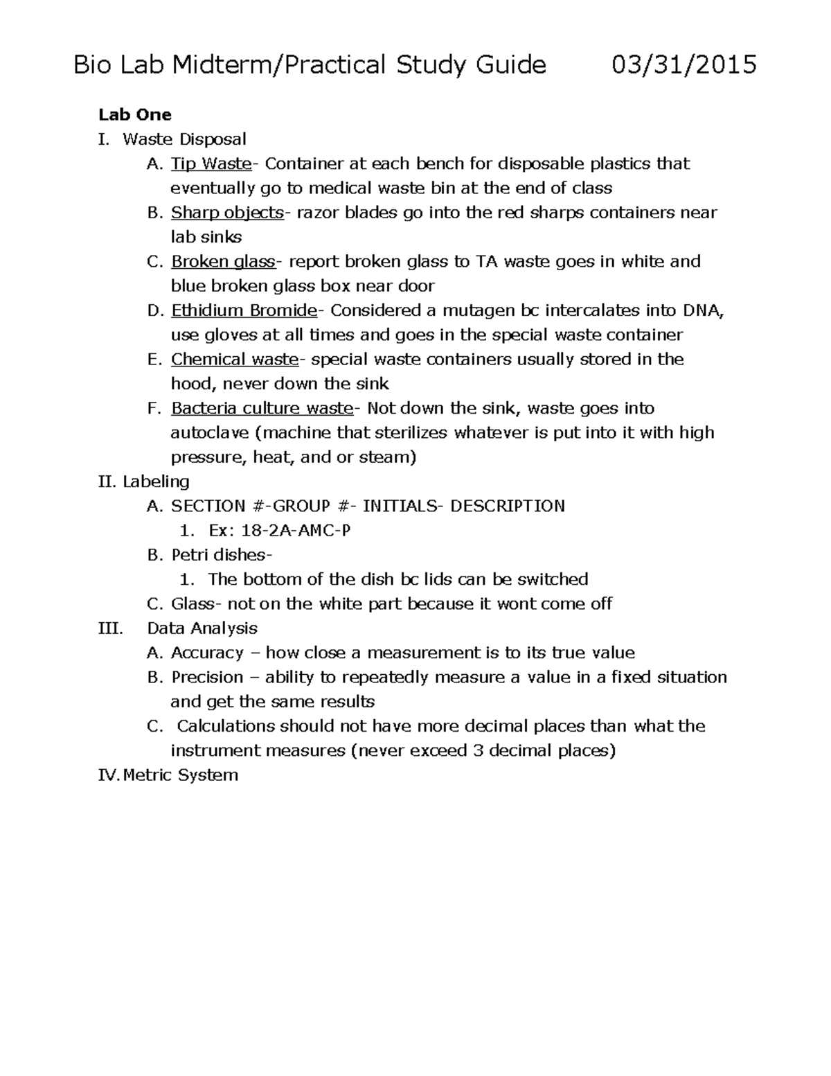 Bio Lab Midterm - Bio Lab Midterm/Practical Study Guide 03/31/ Lab One ...