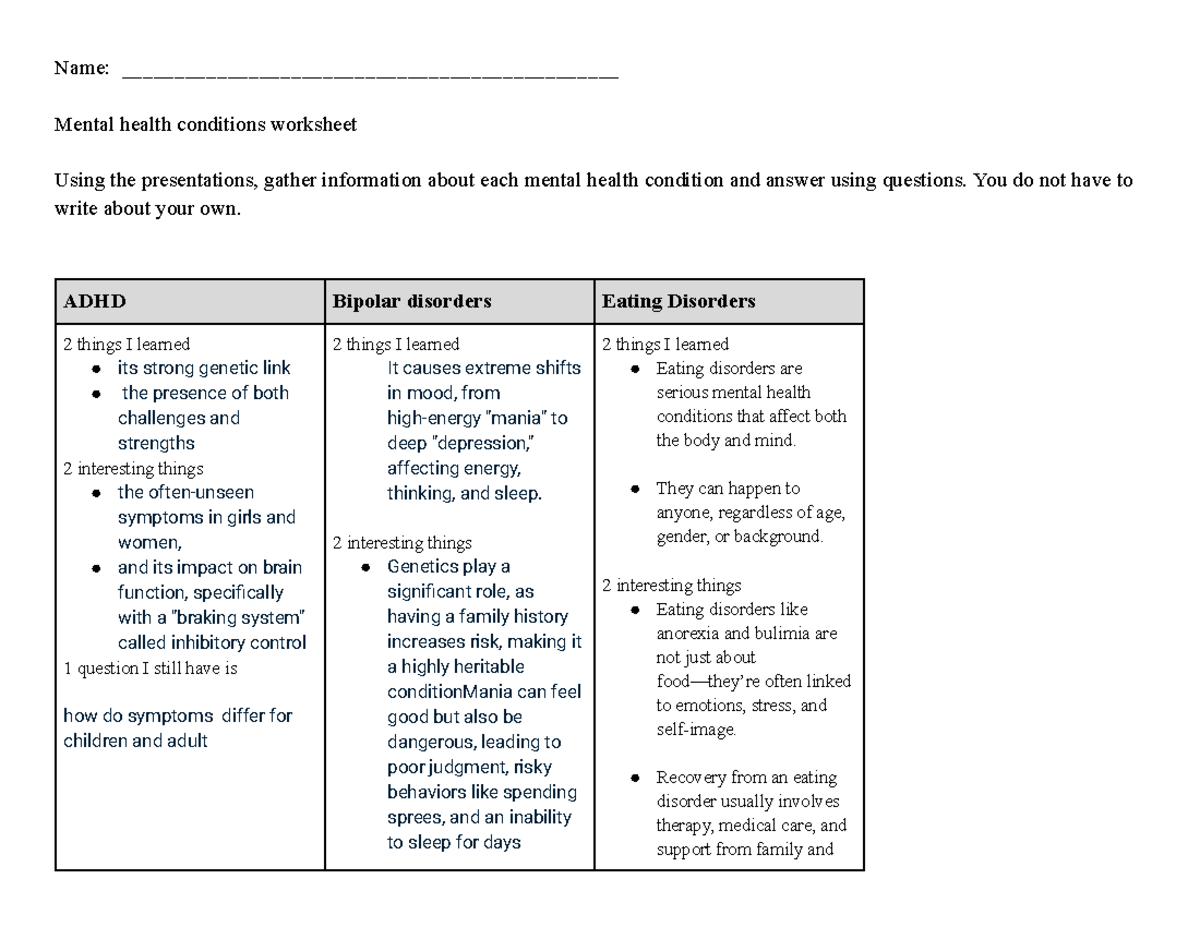 Mental Health Conditions Worksheet: Key Insights and Questions - Studocu