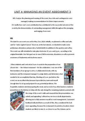 Unit 4- Assingment 1 managing and event - Unit 4: Managing an event Explore the role of an even ...