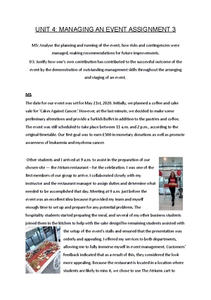 Unit 4- Assingment 1 managing and event - Unit 4: Managing an event Explore the role of an even ...