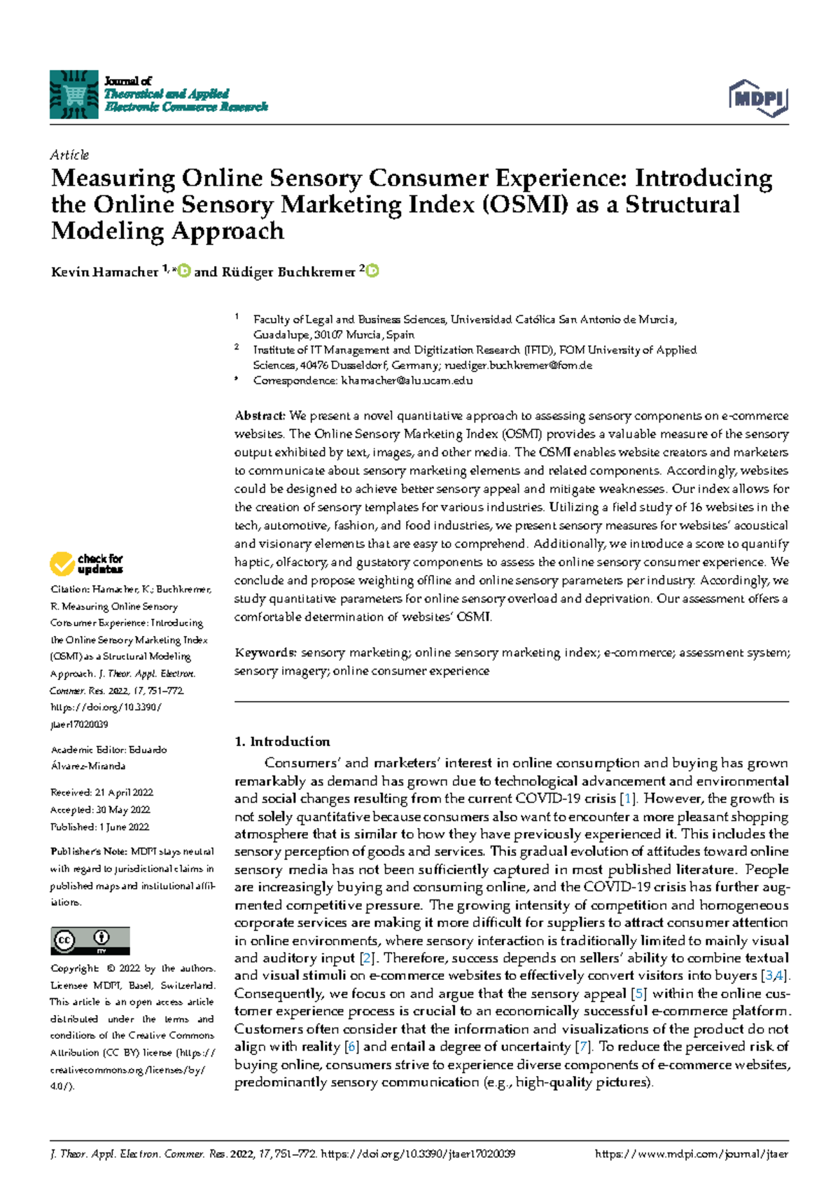 "Measuring Online Sensory Consumer Experience: OSMI Framework Analysis ...
