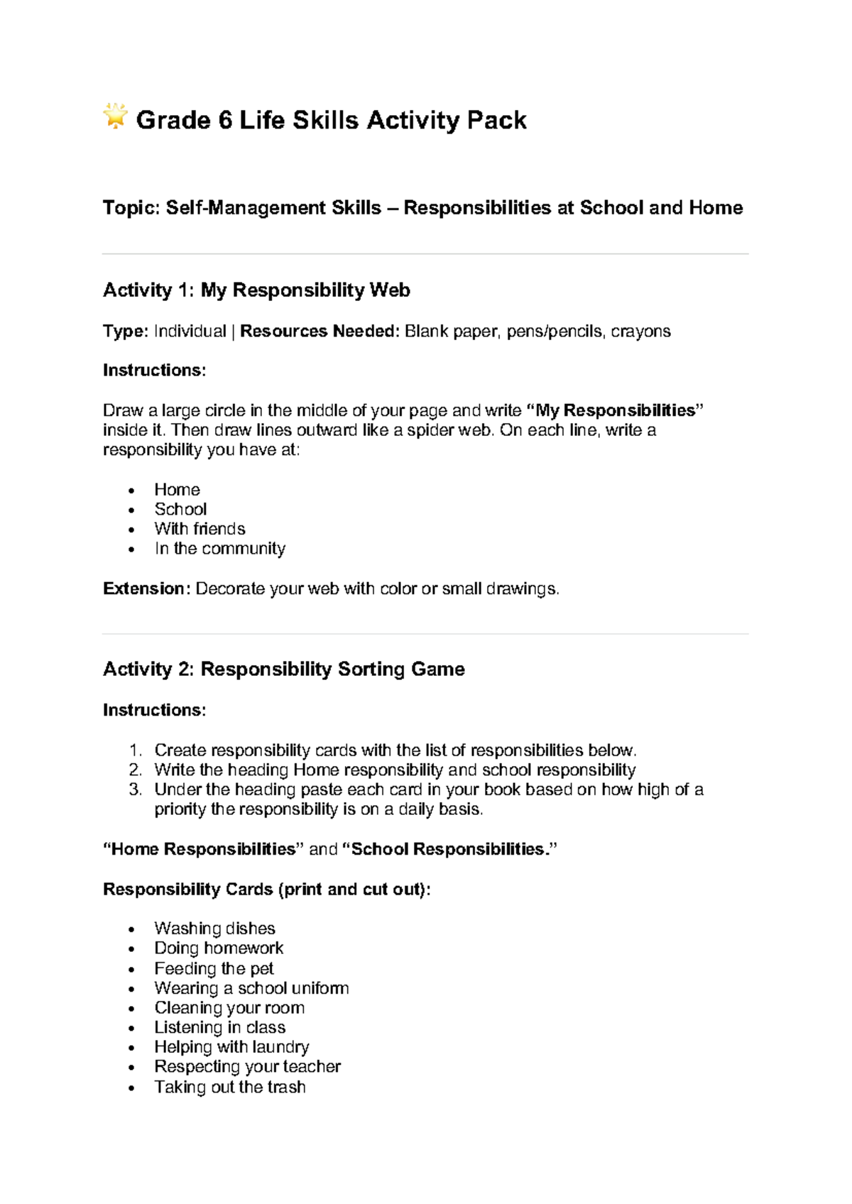 Grade 6 Life Skills: Self-Management Skills Activity Pack - Studocu