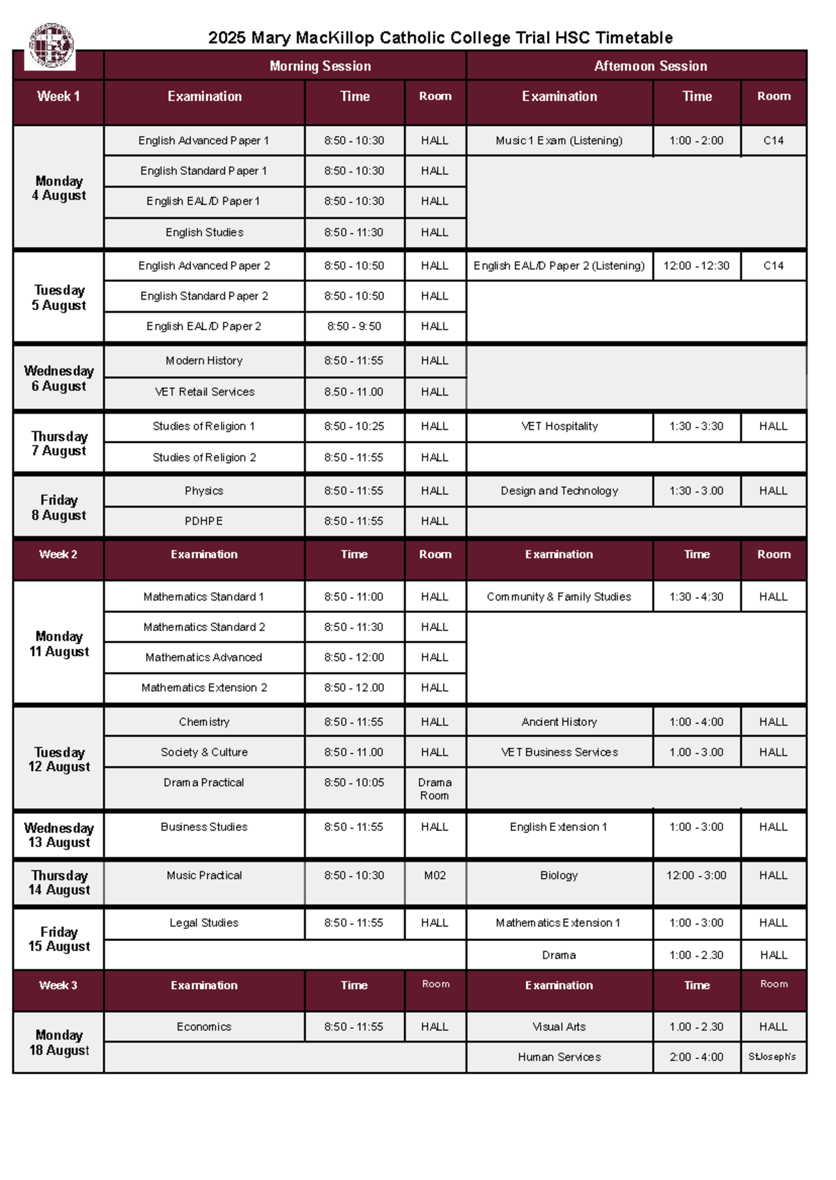 2025 HSC Trial Exam Timetable - Mary MacKillop Catholic College - Studocu
