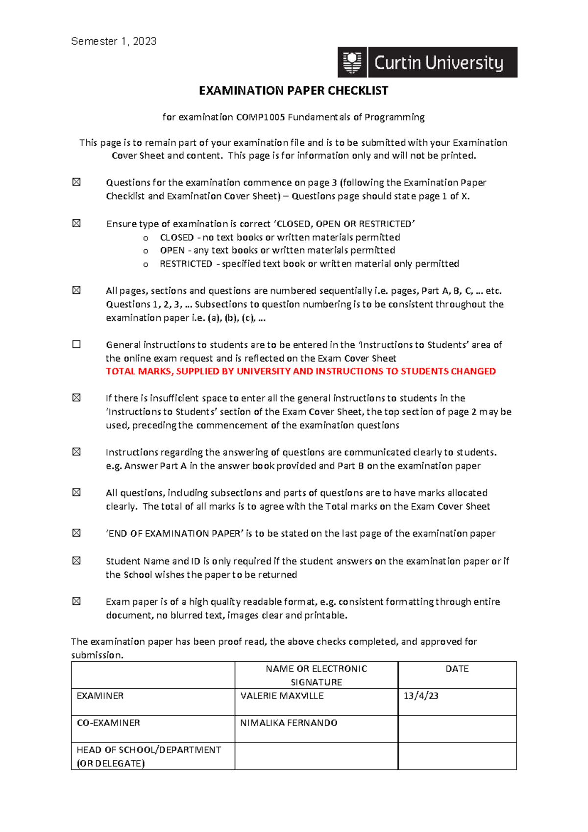 COMP1005 S1 2023 Examination Paper Checklist and Instructions - Studocu