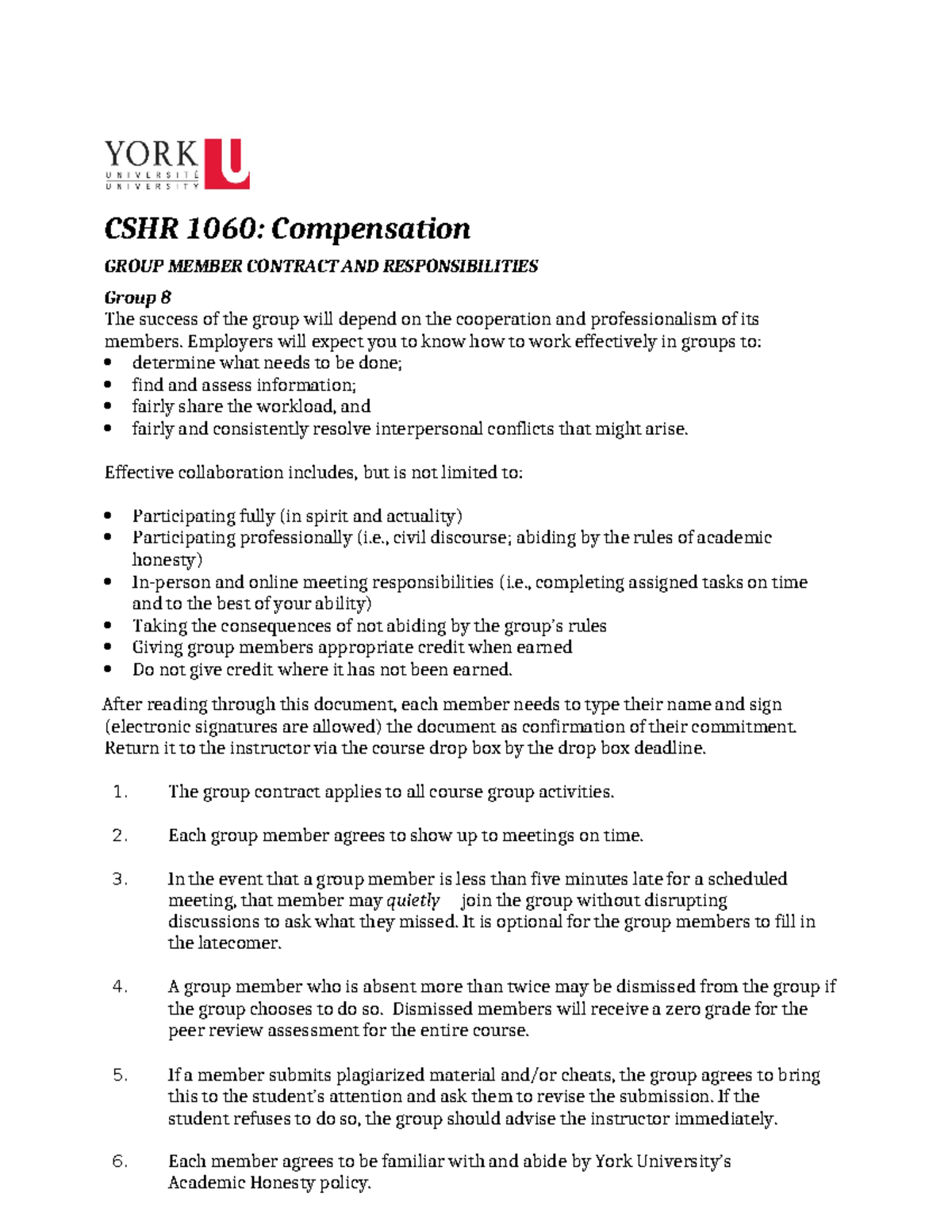 CSHR 1060: Group Contract & Collaboration Guidelines for Project - Studocu