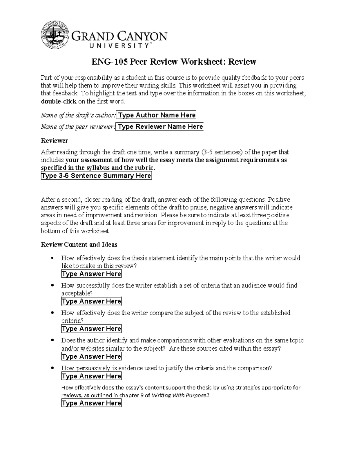 ENG-105-RS-Peer Review Worksheet for Essay Feedback - Studocu