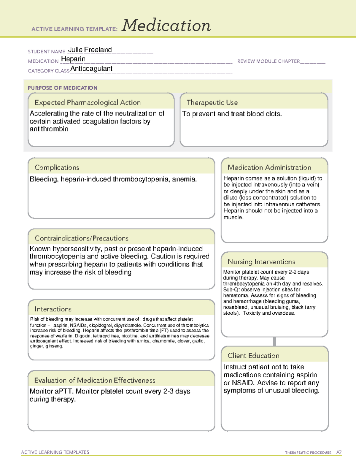 Active Learning Template - Heparin (Therapeutic Procedure A) - Studocu