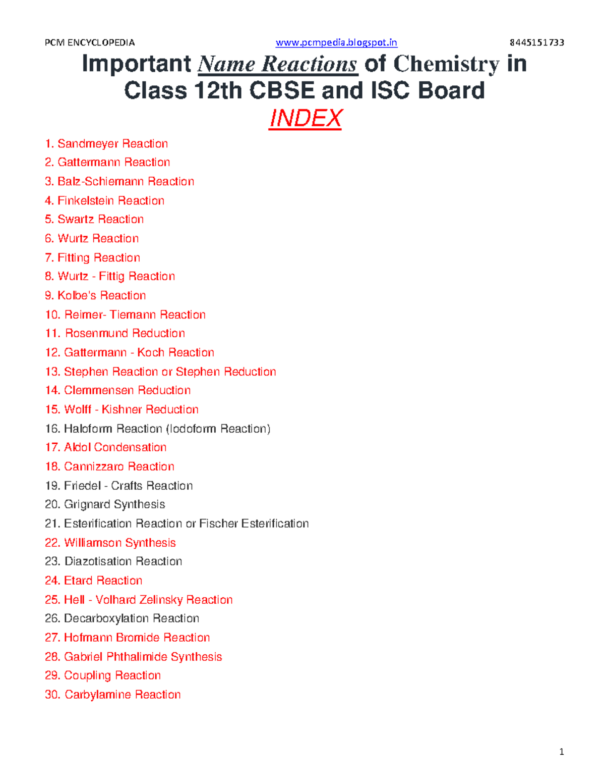 Important Name Reactions in Chemistry for Class 12 (CBSE & ISC) - Studocu