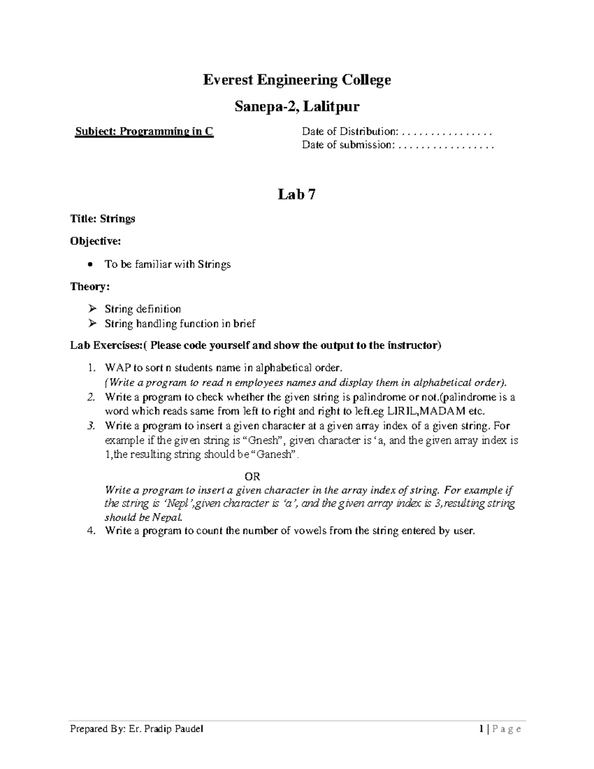 Lab 7 - Practical on Strings in C Programming (ENG101) - Studocu