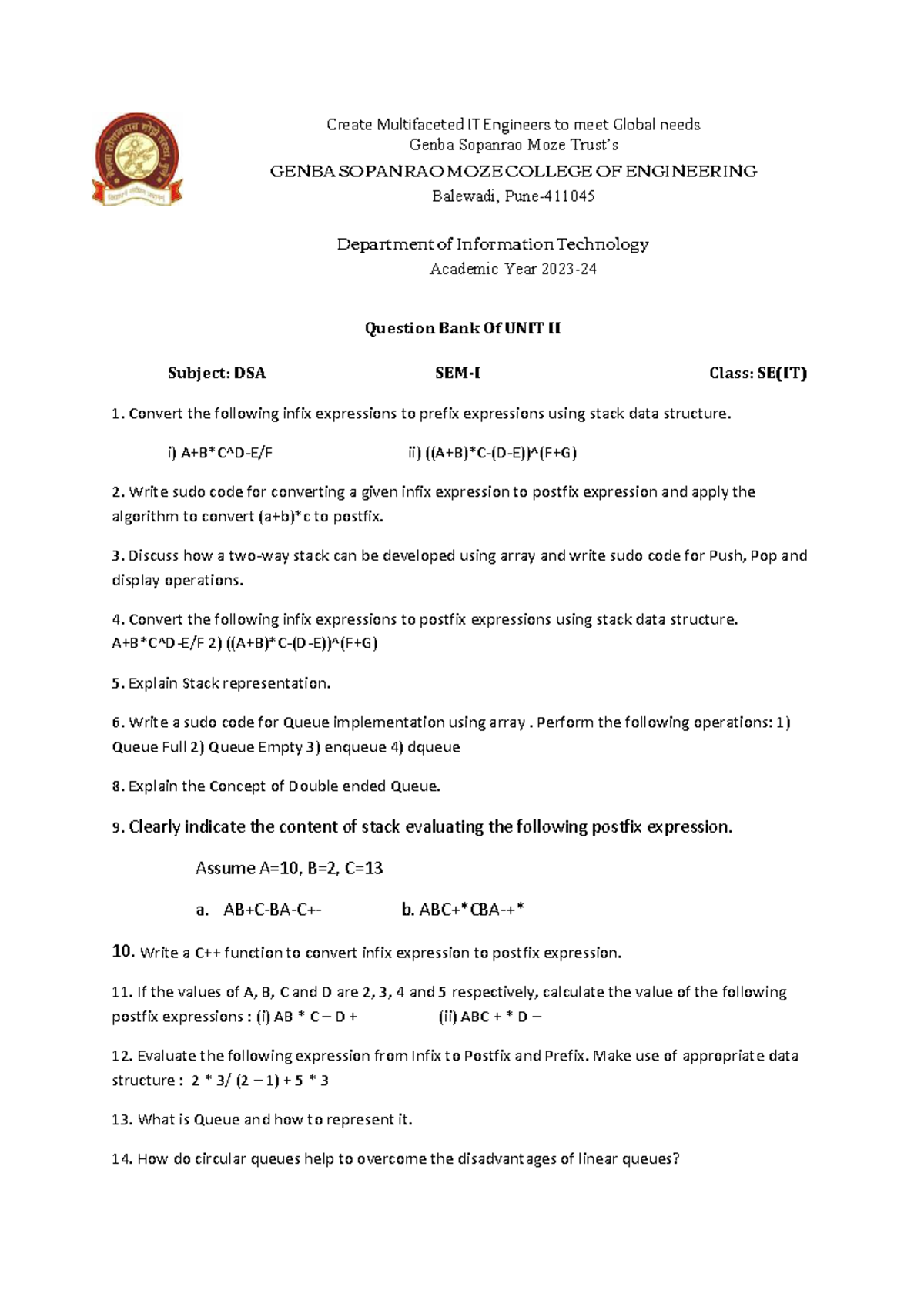 Unit II DSA Question Bank for SE(IT) - Easy Guide - Studocu
