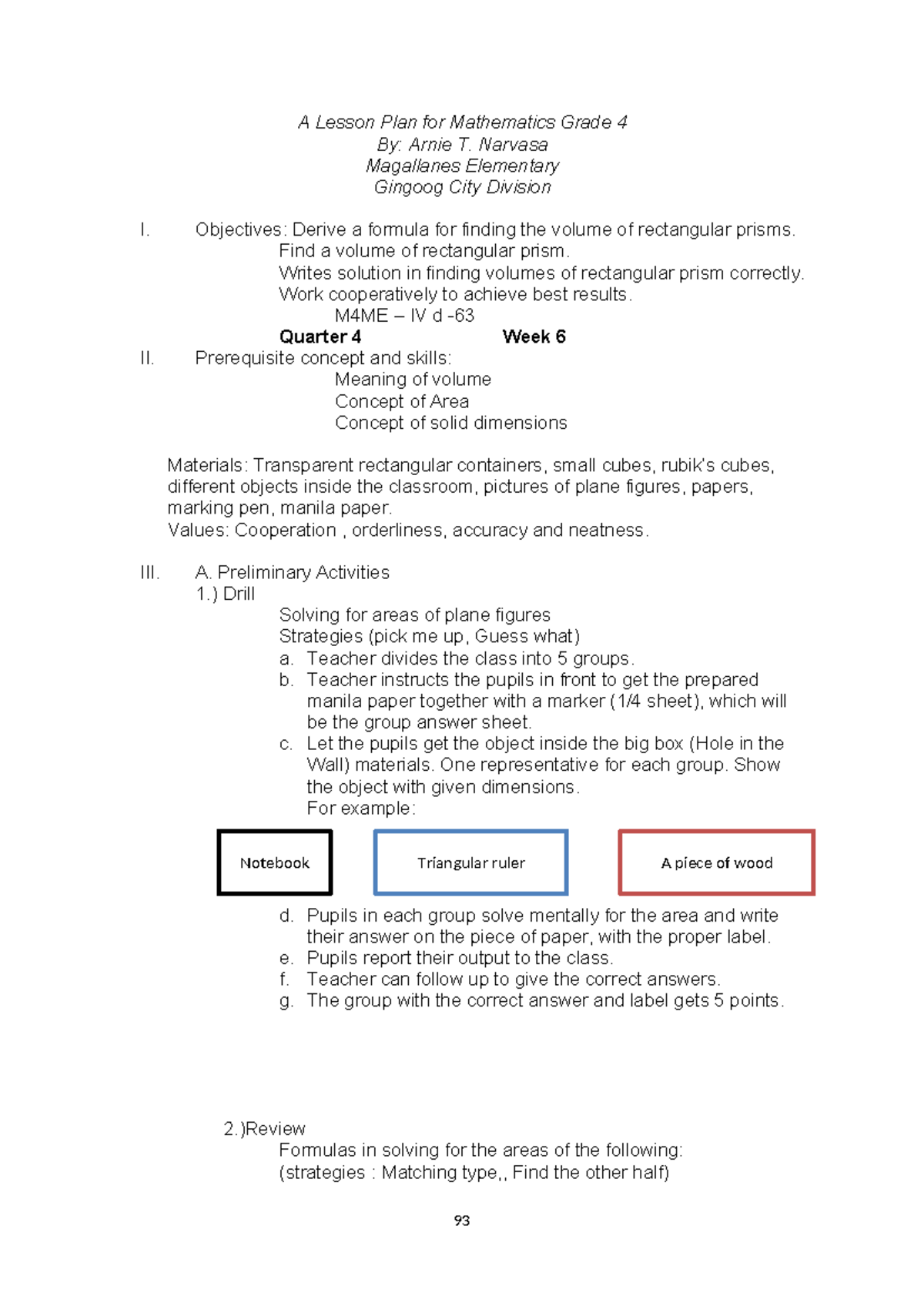 DLP MATH4 Q4 Lesson Plan on Volume of Rectangular Prisms Week 6 - Studocu