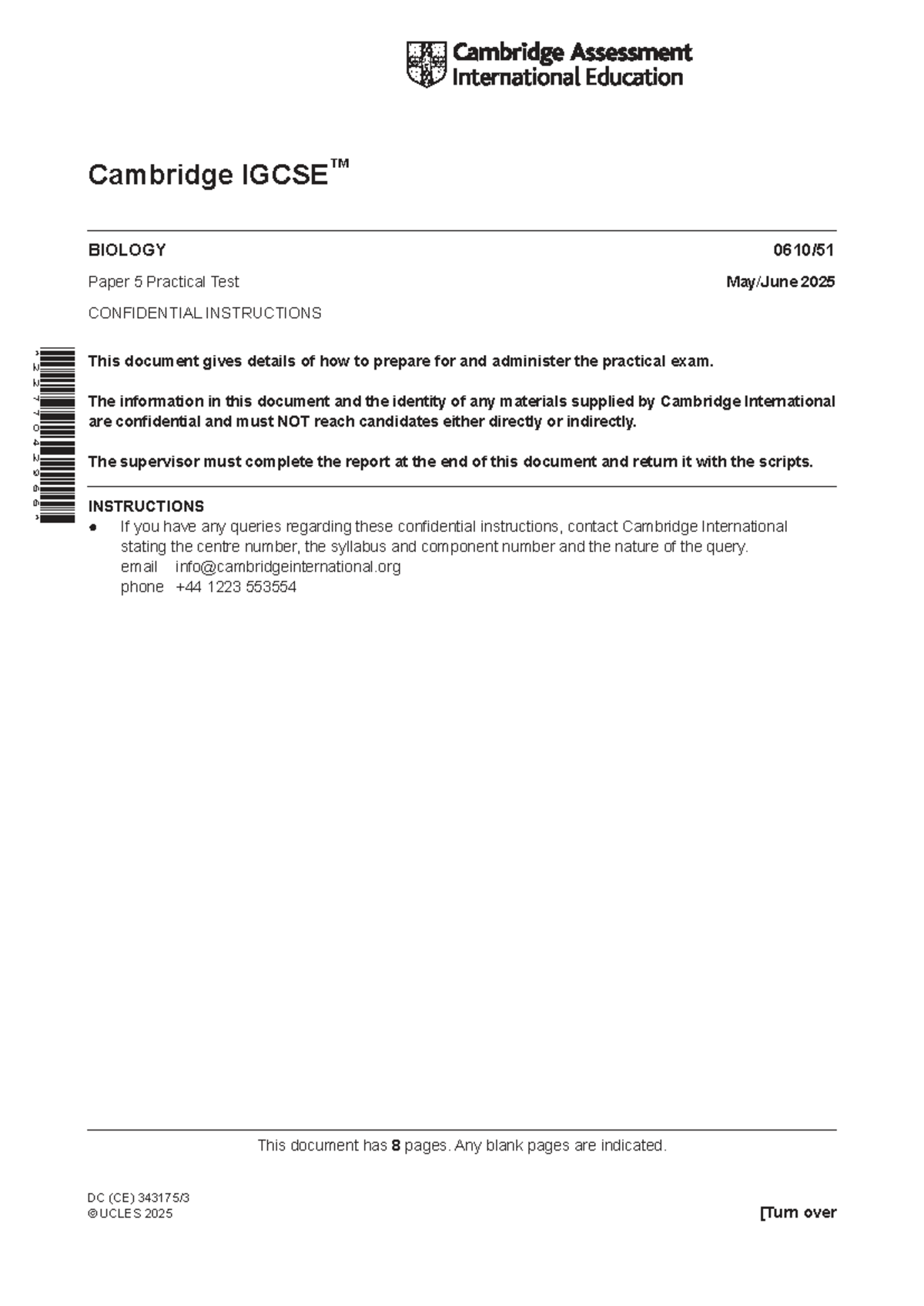 Cambridge BIOLOGY 2025 Paper 5 Practical Test Instructions - Studocu