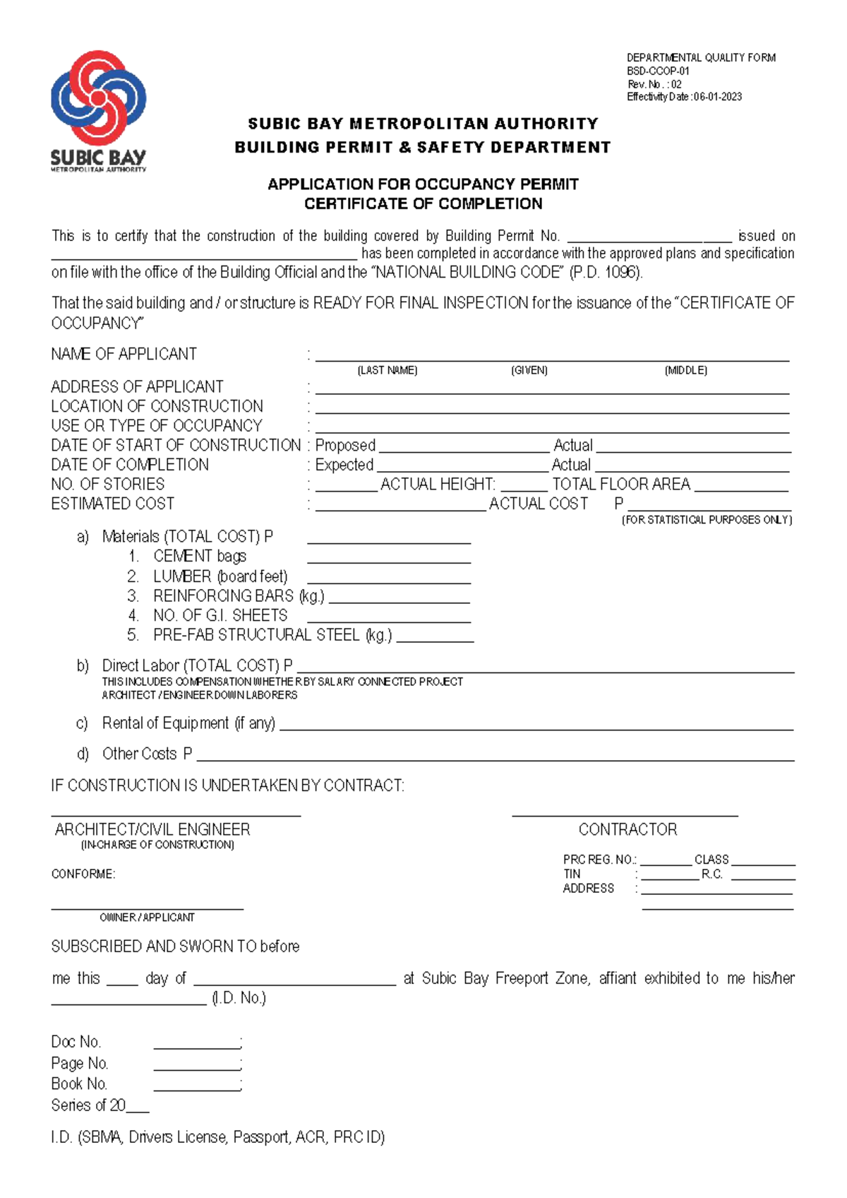 Application for Occupancy Permit - Certificate of Completion - Studocu