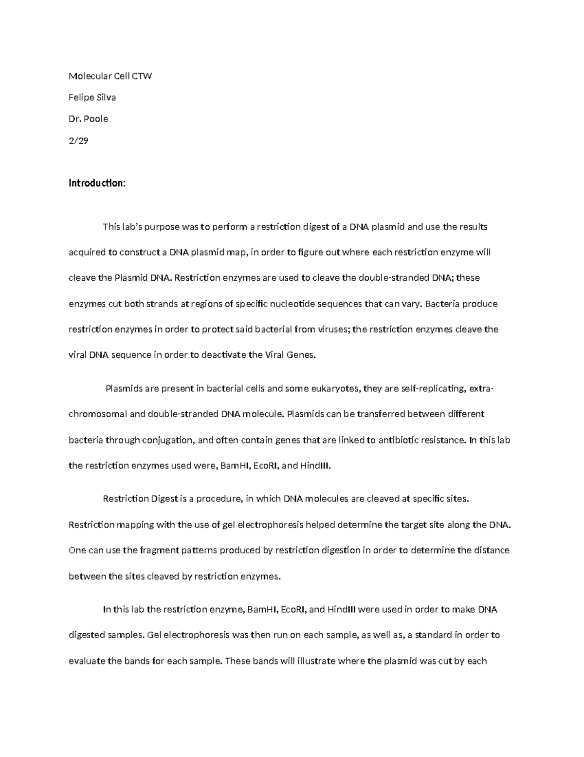 Molecular Cell CTW: Restriction Digest Lab Report and Plasmid Mapping ...