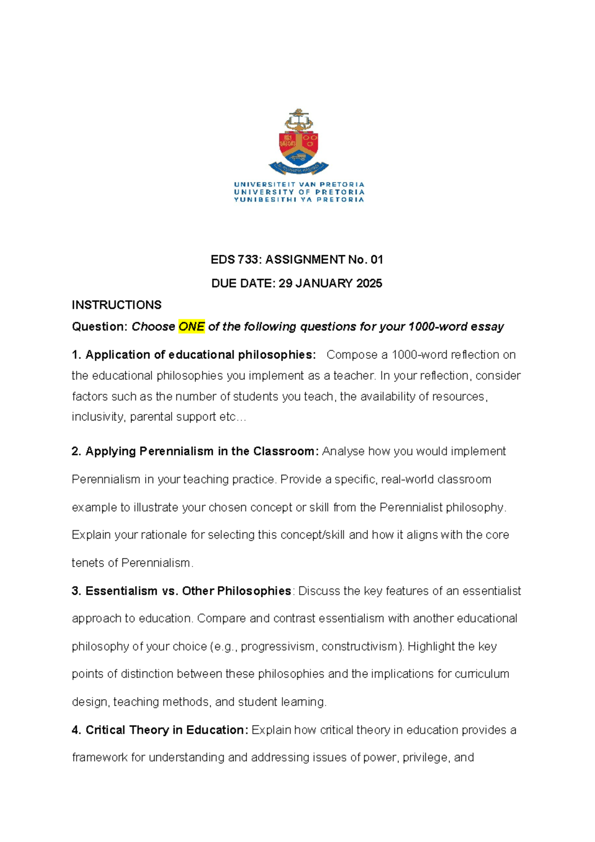EDS 733 - Assignment 01: Educational Philosophies Essay Guidelines ...
