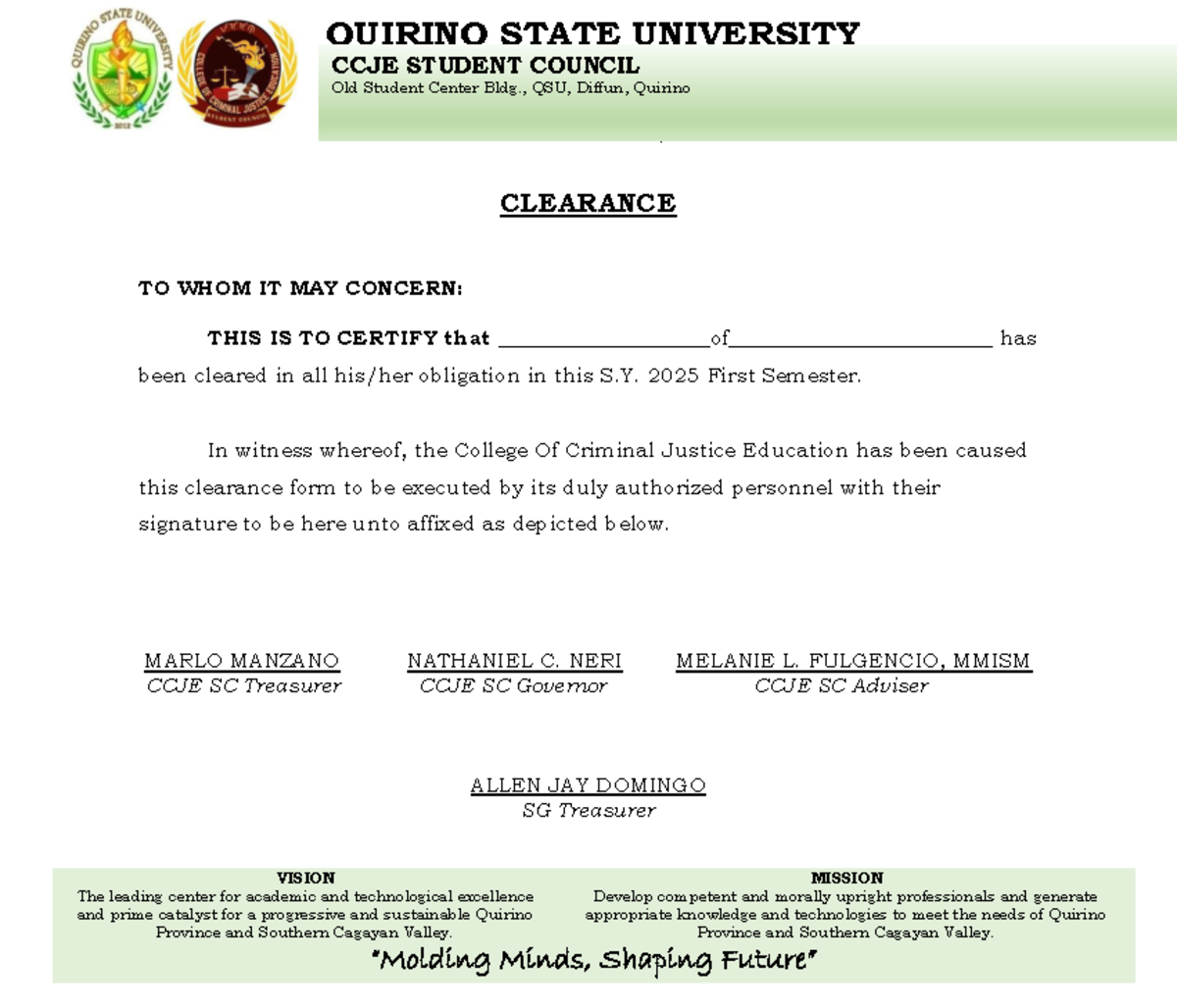 CCJE Clearance Form for S.Y. 2025 - First Semester - Studocu