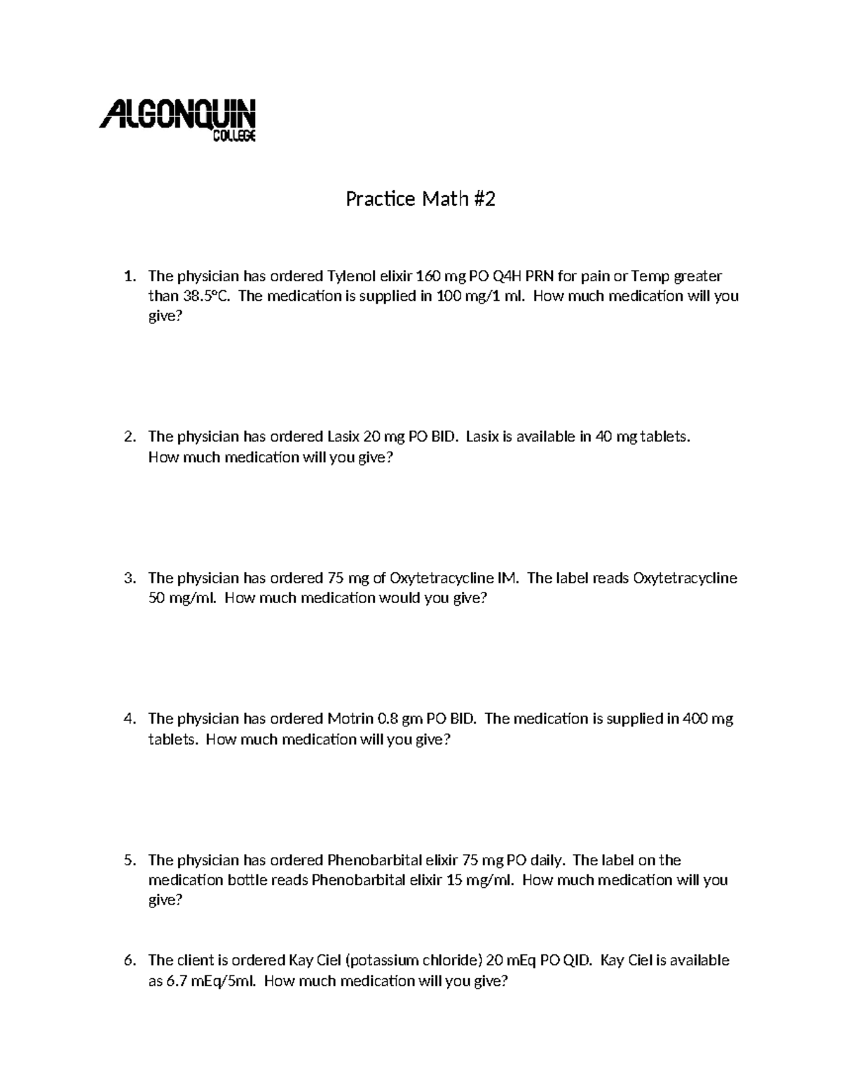 Practice Math #2 - Medication Dosage Calculations - Studocu