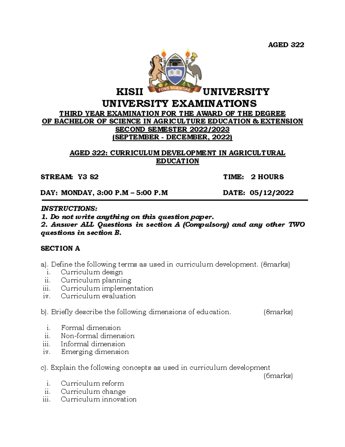 AGED 322 - Curriculum Development in Agricultural Education Notes - Studocu