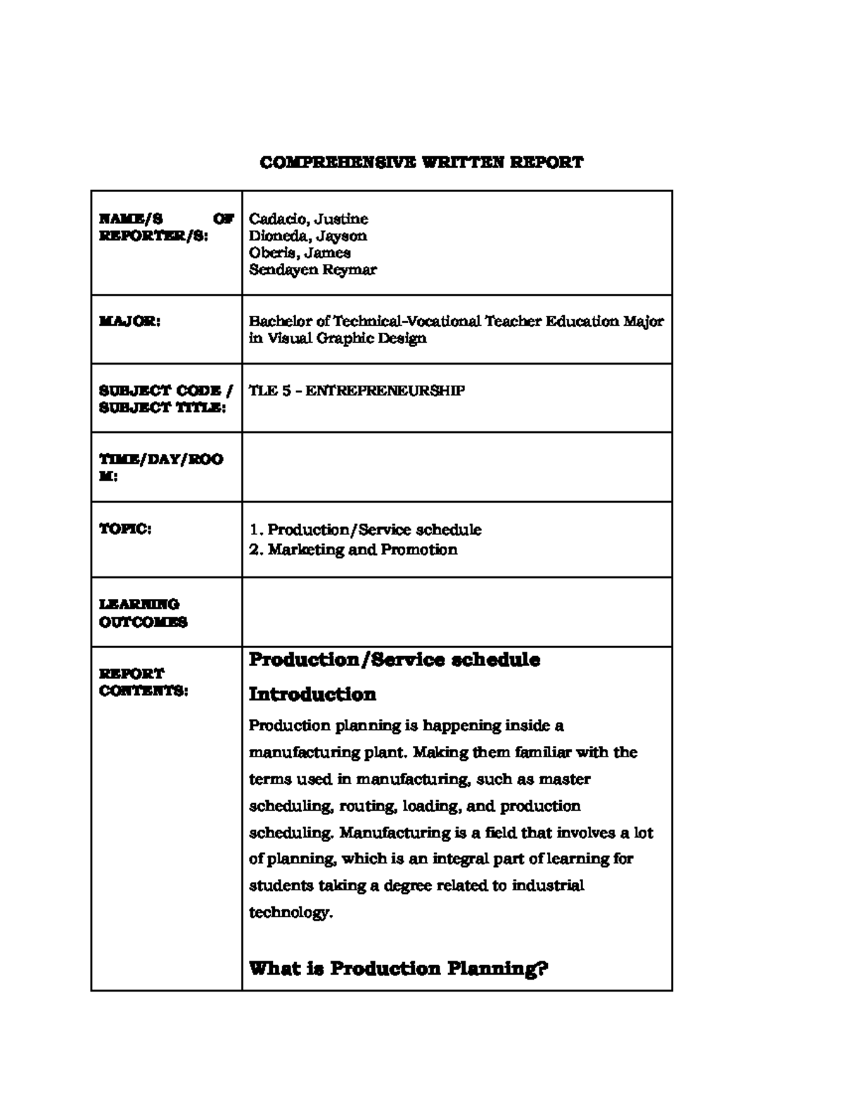 TLE 5 Entrepreneurship: Production Planning & Marketing Strategies ...