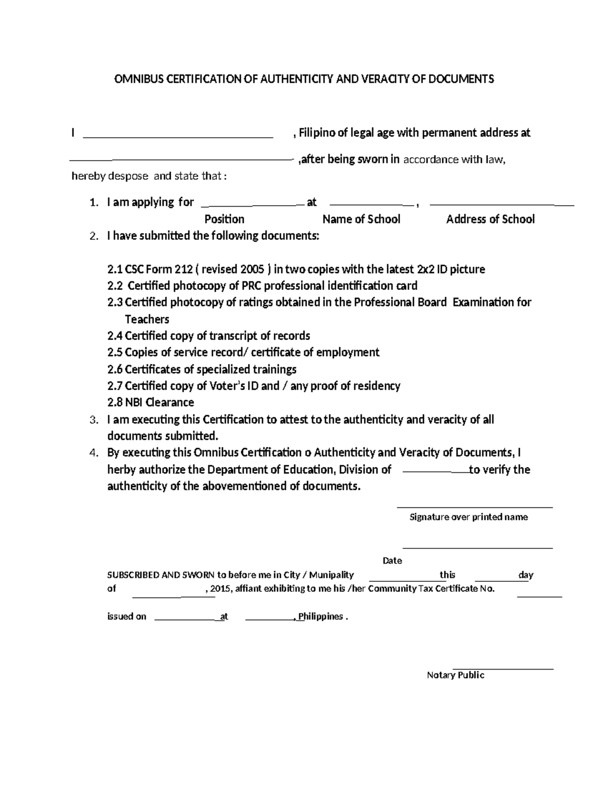 Omnibus Certification OF Authenticity AND Veracity OF Documents ...