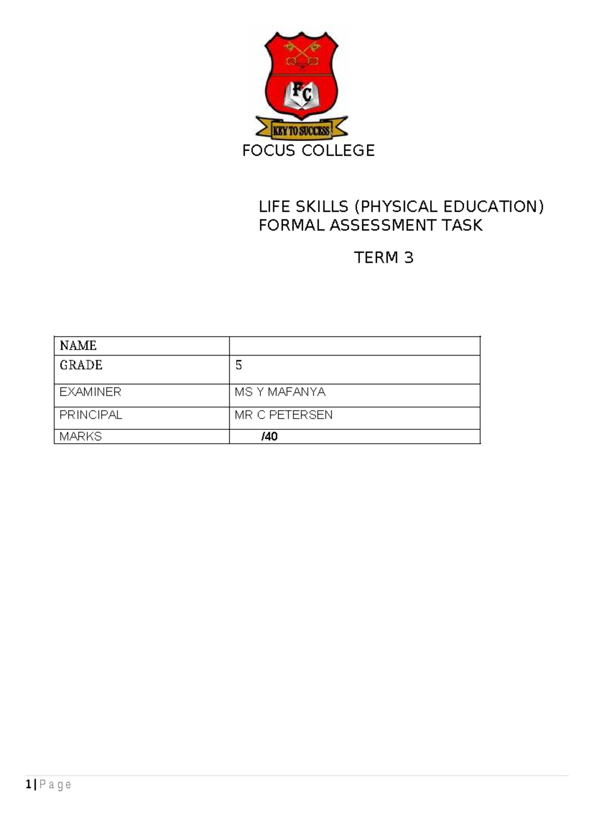 PE Formal Assessment Task Term 3 - Grade 5 Participation & Performance ...