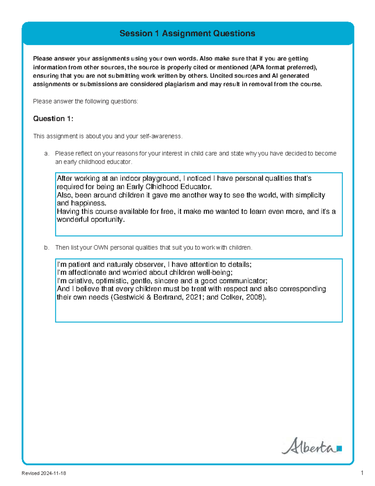 Session 01 - Assignment Questions on Early Childhood Education - Studocu