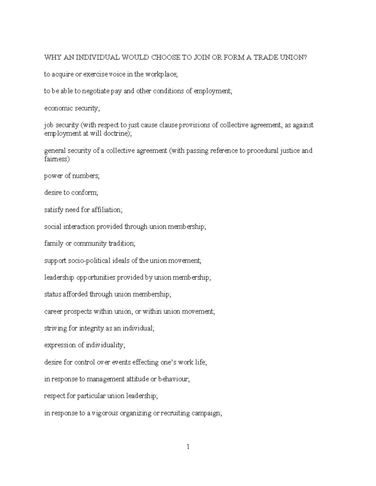 Reasons for Joining or Not Joining a Union: An Analysis - Studocu