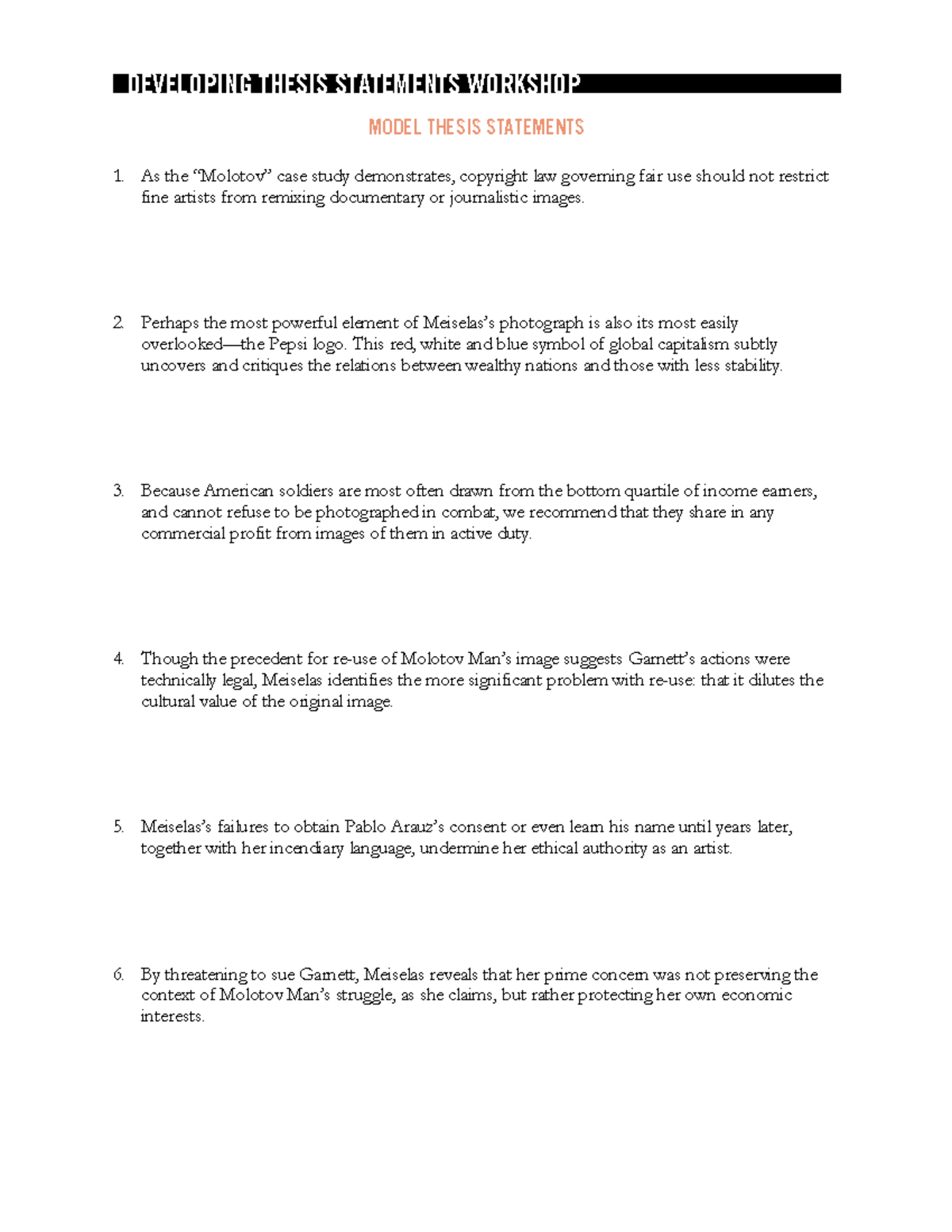 Model Thesis Statements Handout - DEVELOPING THESIS STATEMENTS WORKSHOP ...
