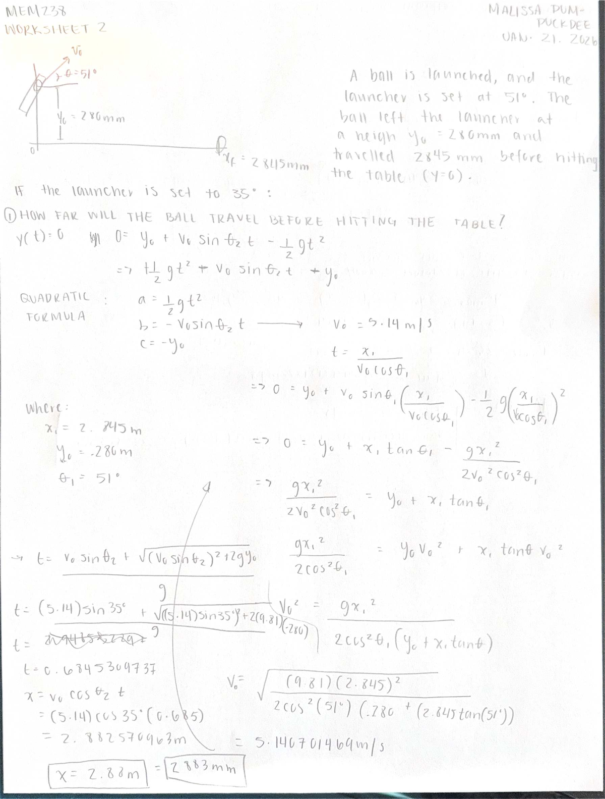 MEM238 Worksheet 2: Ball Launch Physics Analysis - Studocu