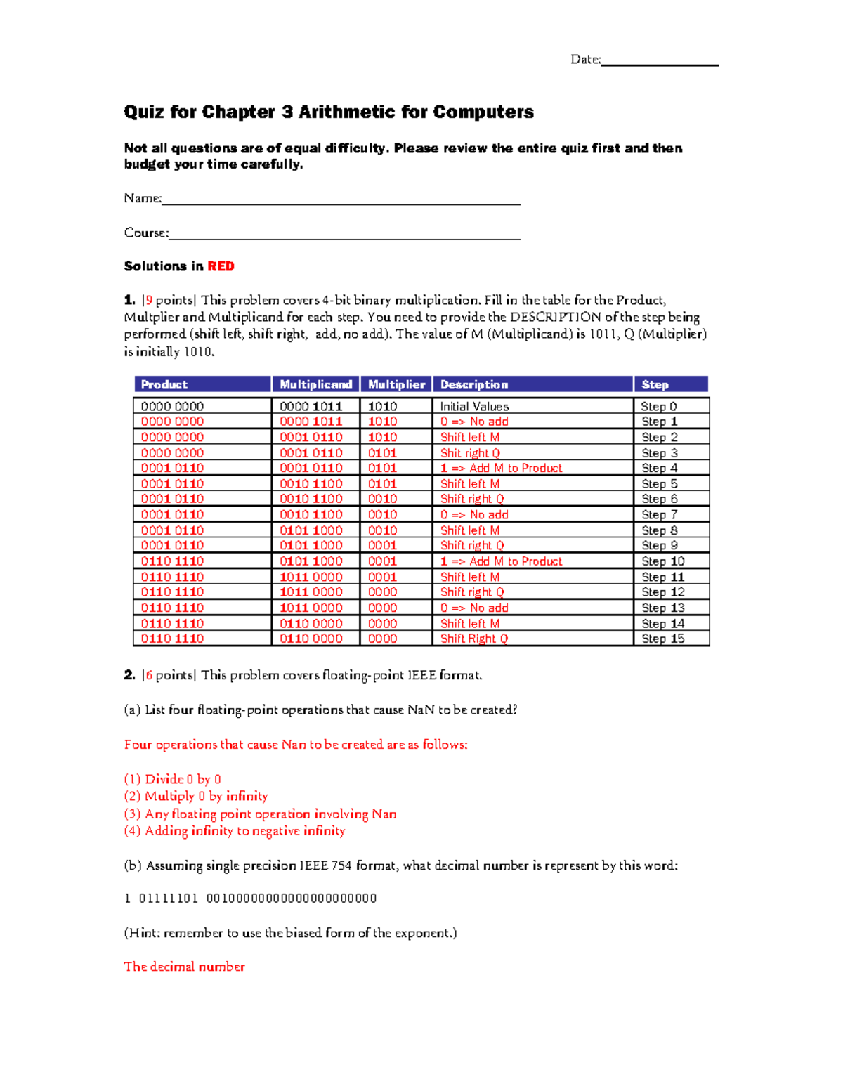 Quiz 424025980: Chapter 3 Computer Arithmetic Solutions - Studocu
