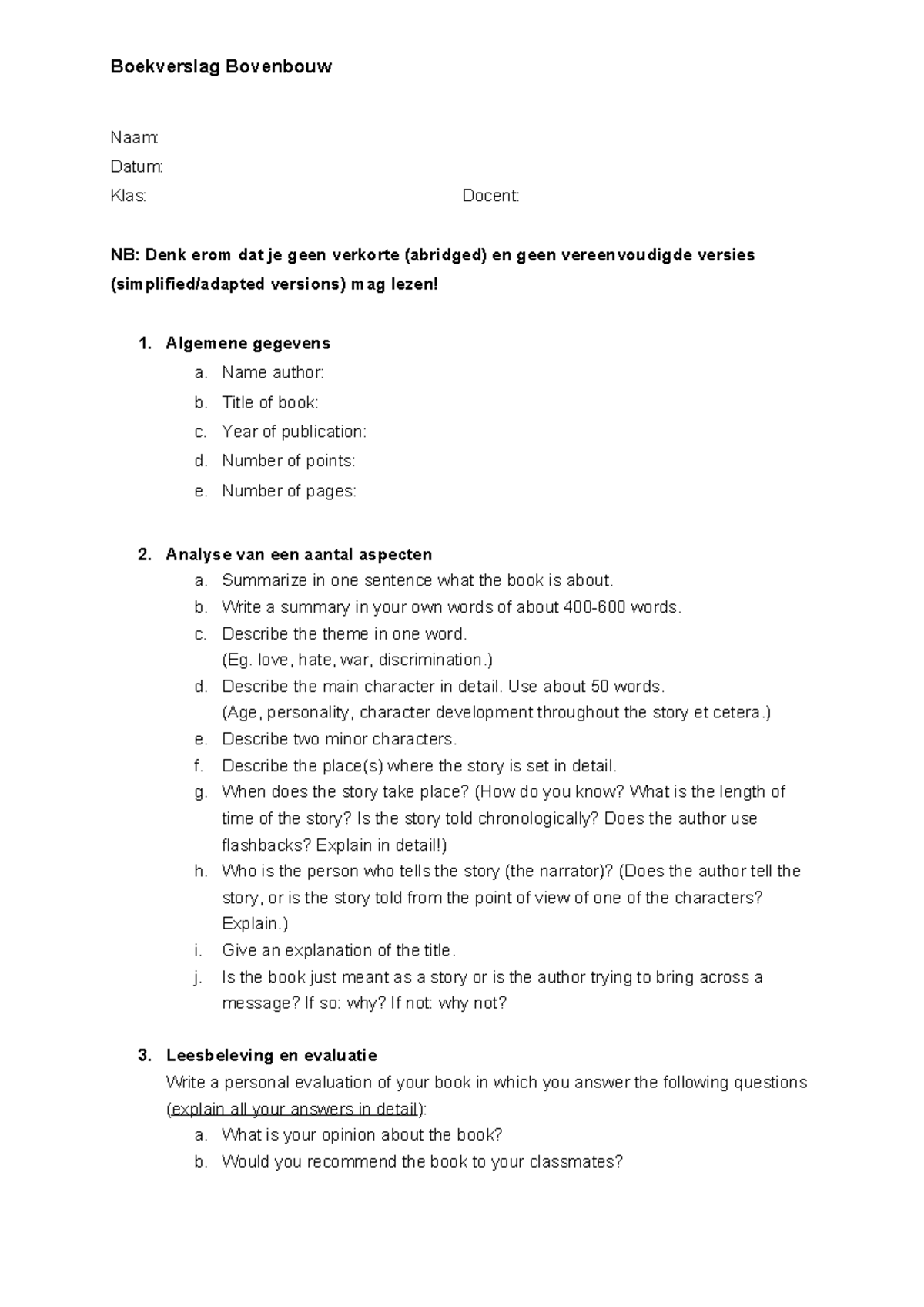 Boekverslag Bovenbouw 22-23: Analyse en Evaluatie van een Boek ...