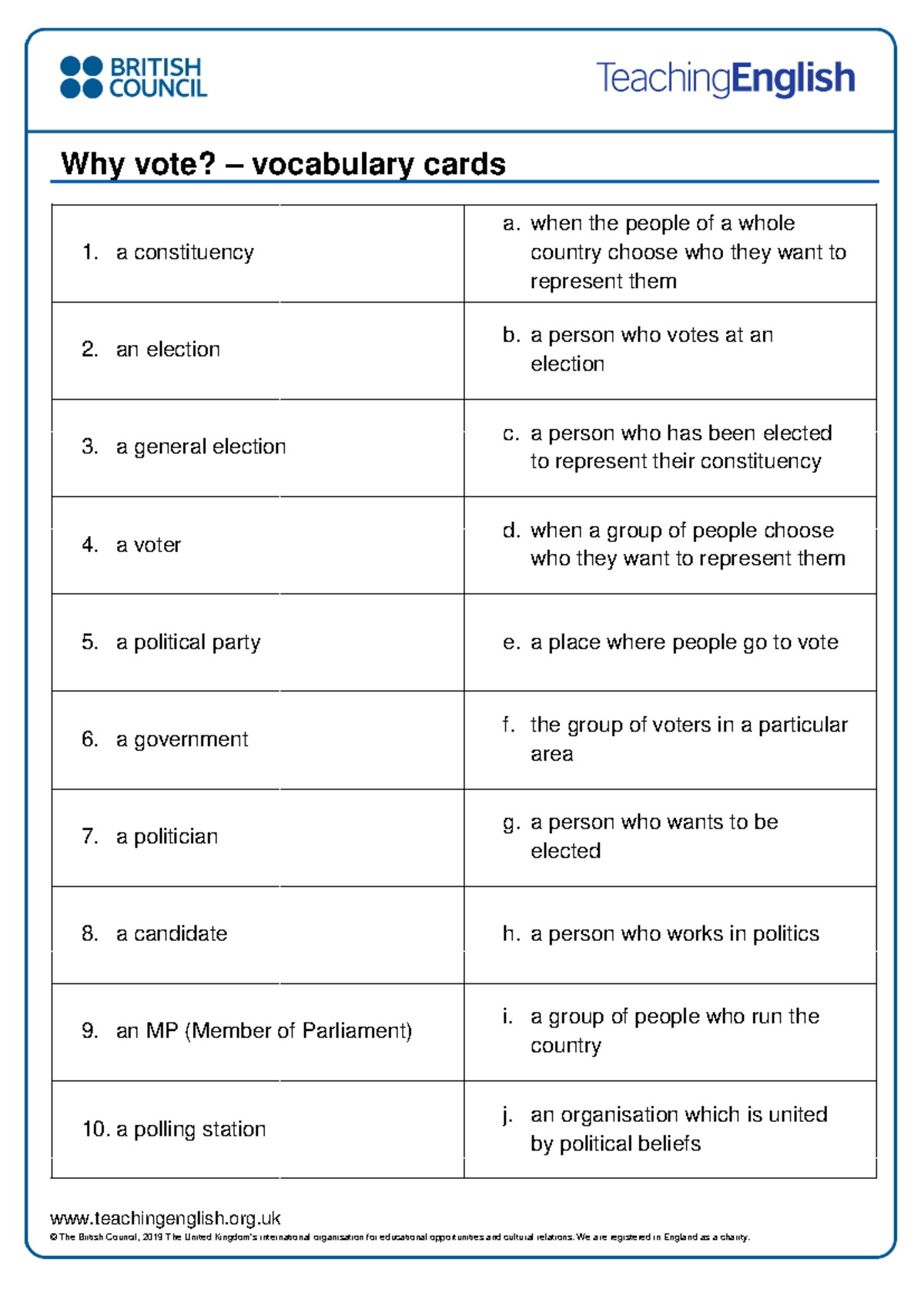 Vocabulary Cards: Key Terms for Understanding Voting and Elections ...