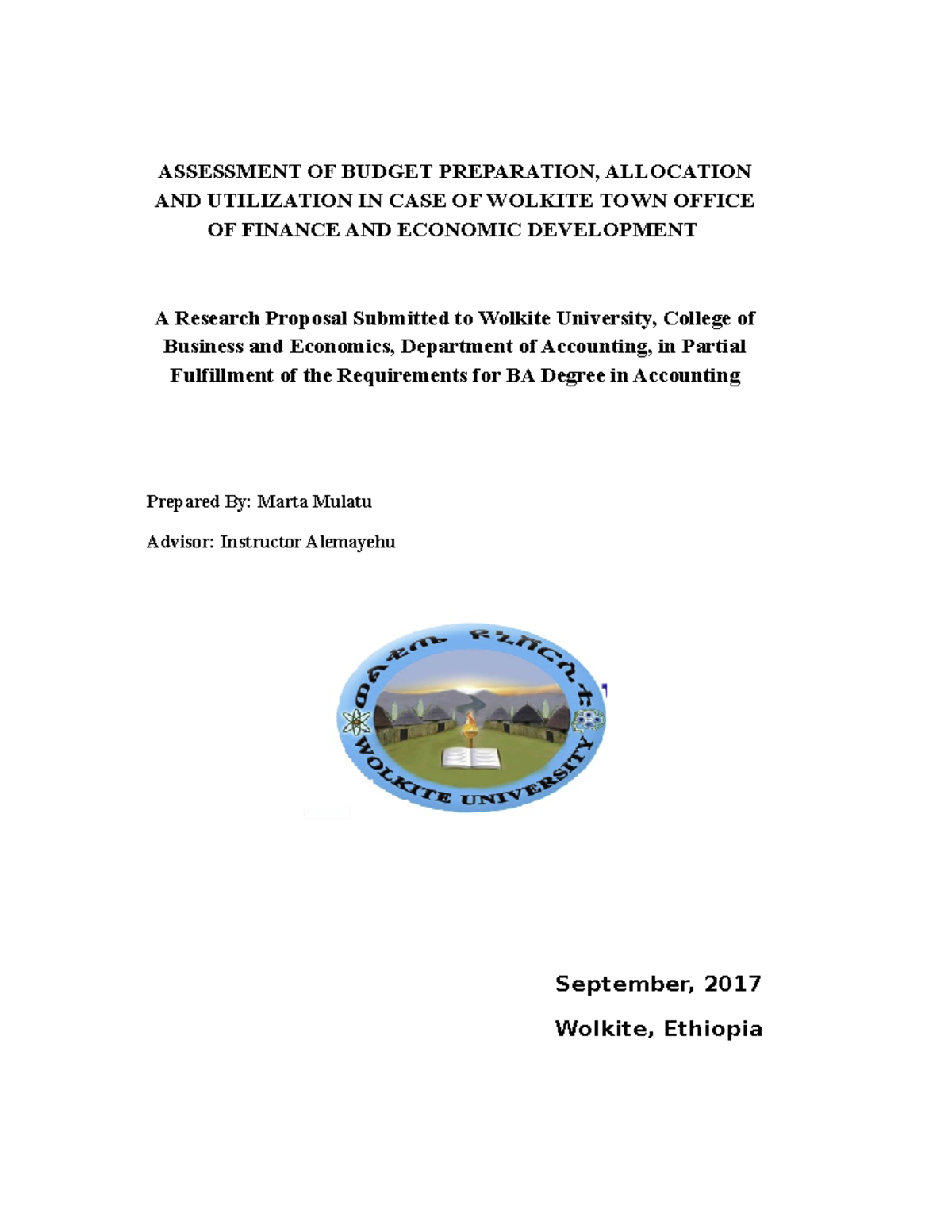**Proposal on Budget Assessment in Wolkite Town Office (BA in ...
