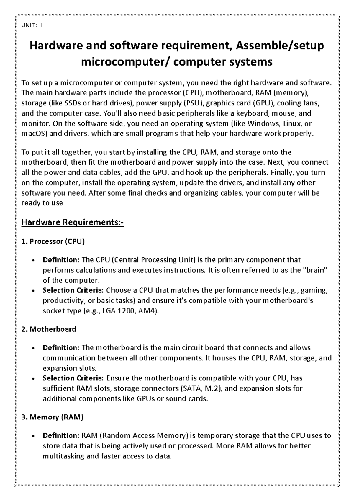 UNIT II: Hardware & Software Requirements for Microcomputer Setup - Studocu