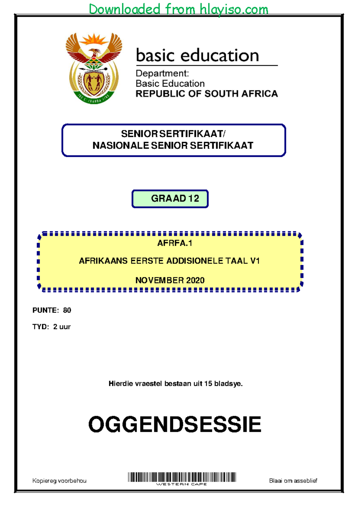 Afrikaans Eerste Addisionele Taal V1 Nov 2020 Final Exam Questions - Studocu