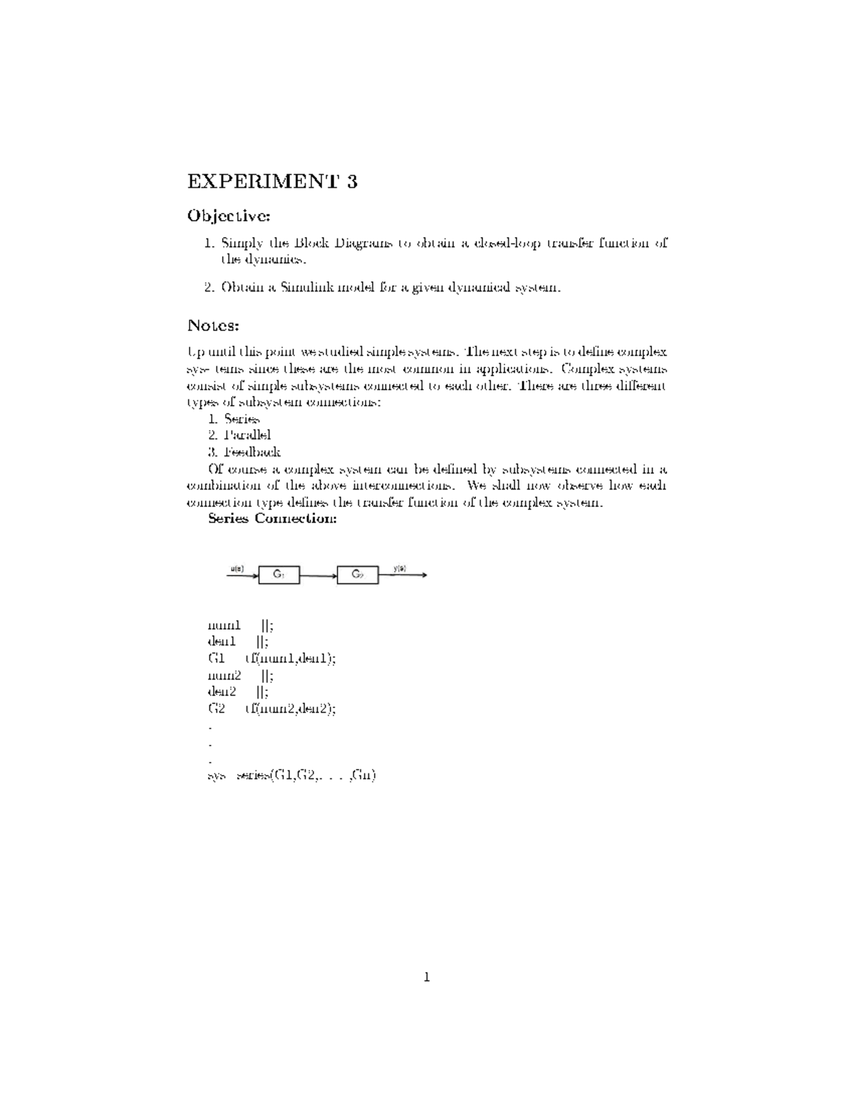 Control Lab 2: Experiment 3 - Transfer Functions & Simulink Models ...