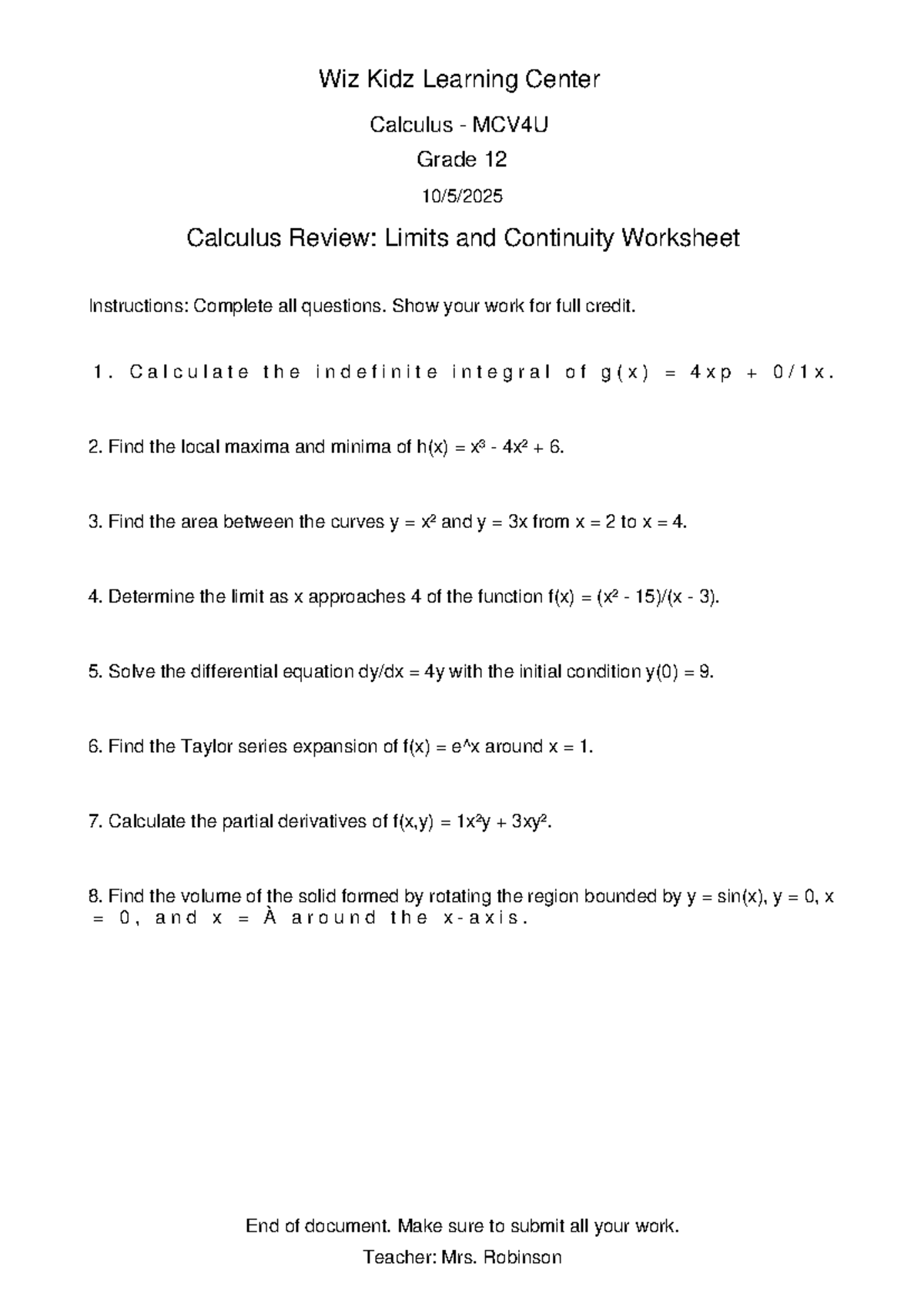 Wiz Kidz Learning Center MCV4U Calculus Review: Limits & Continuity ...