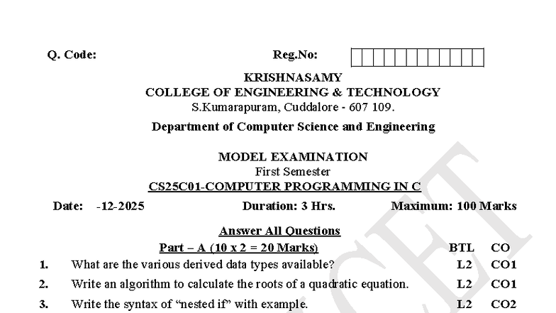 CP Model Exam Questions - Programming in C (1st Sem) - Studocu