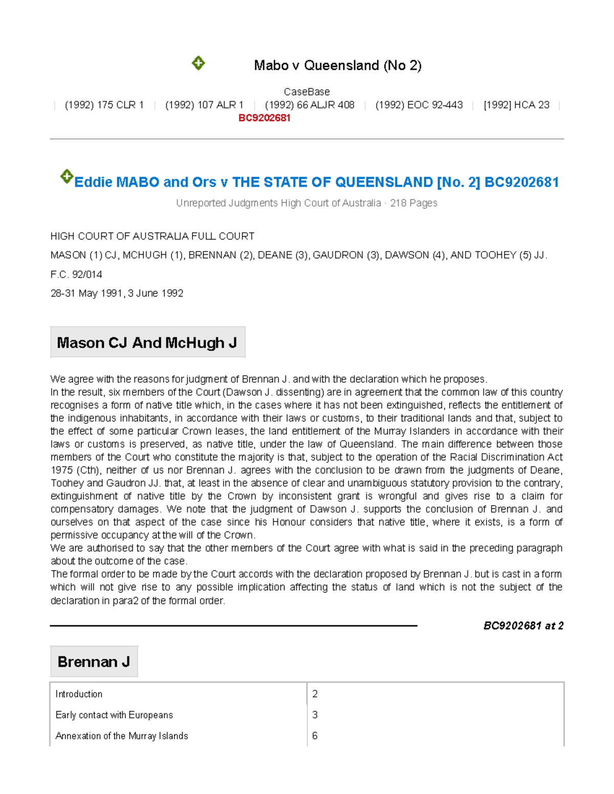Mabo v Queensland [No. 2] BC9202681: High Court Judgment Analysis - Studocu