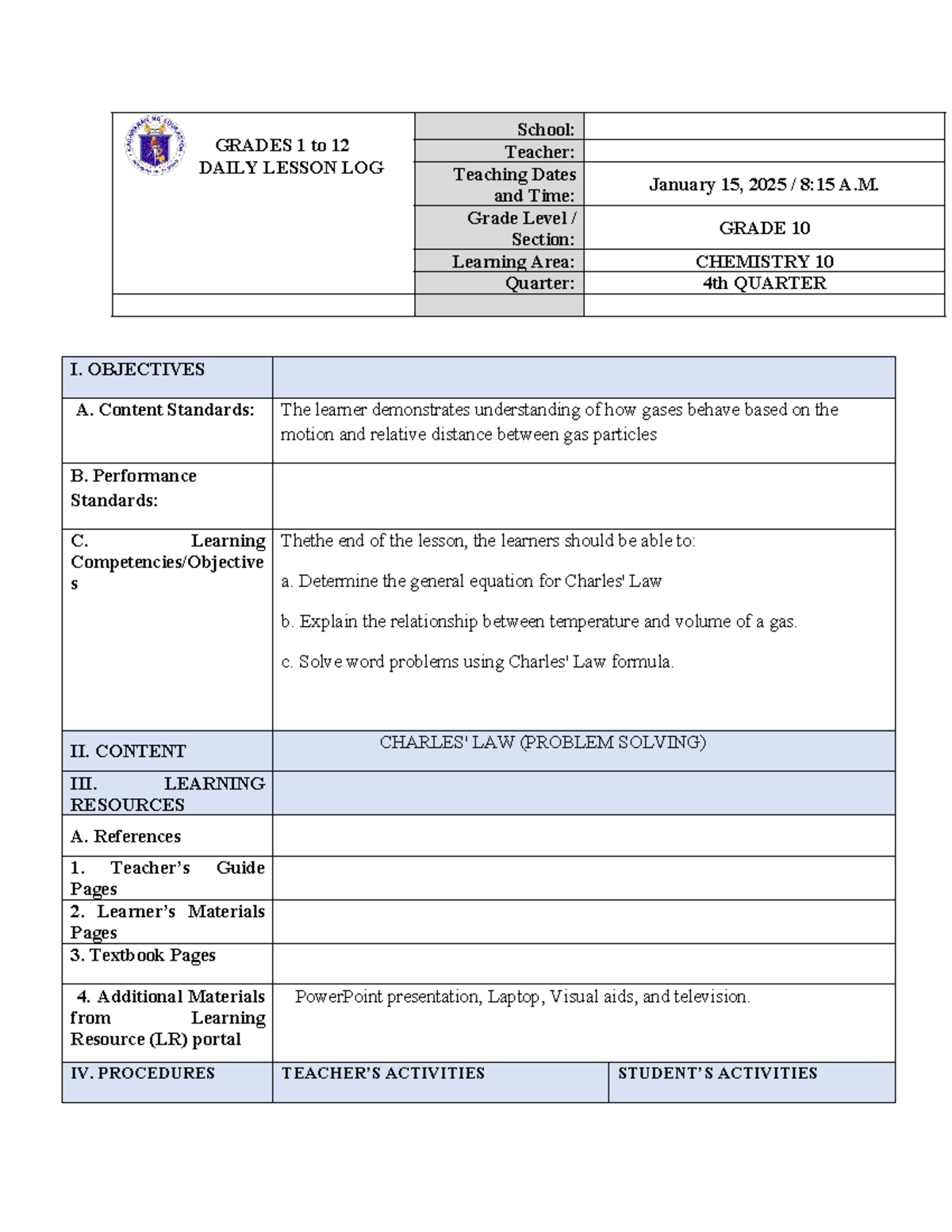 Grade 10 Chemistry Lesson Plan: Exploring Charles' Law and Gas Behavior ...