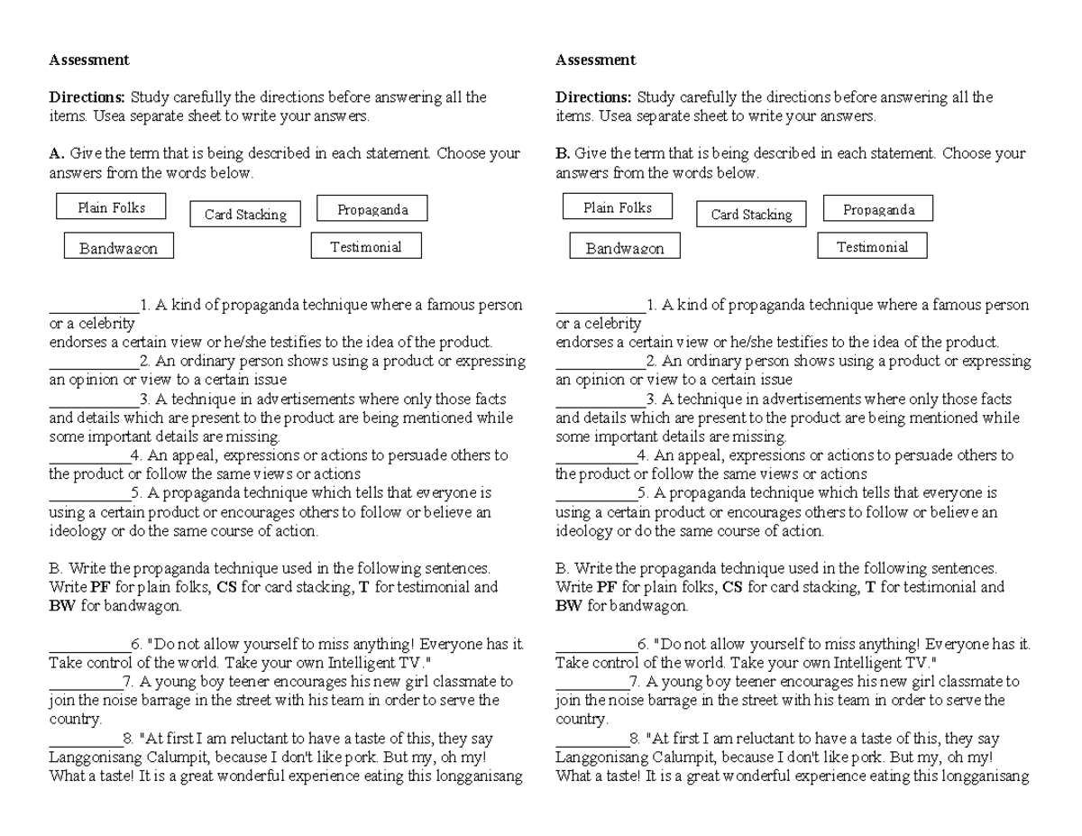 Assessment.docx JAN. 6 - Assessment Directions: Study carefully the ...