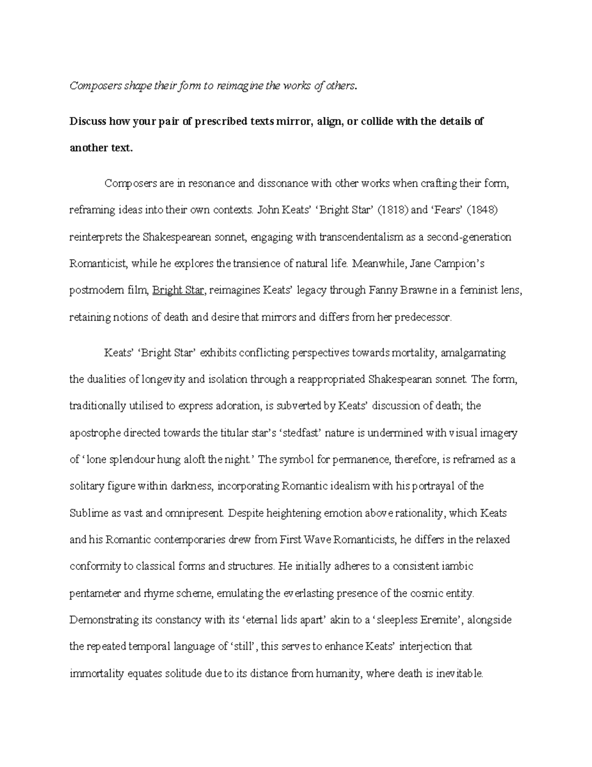 HSC Eng Adv Essay - Analyzing Keats' 'Bright Star' & Campion's Film ...