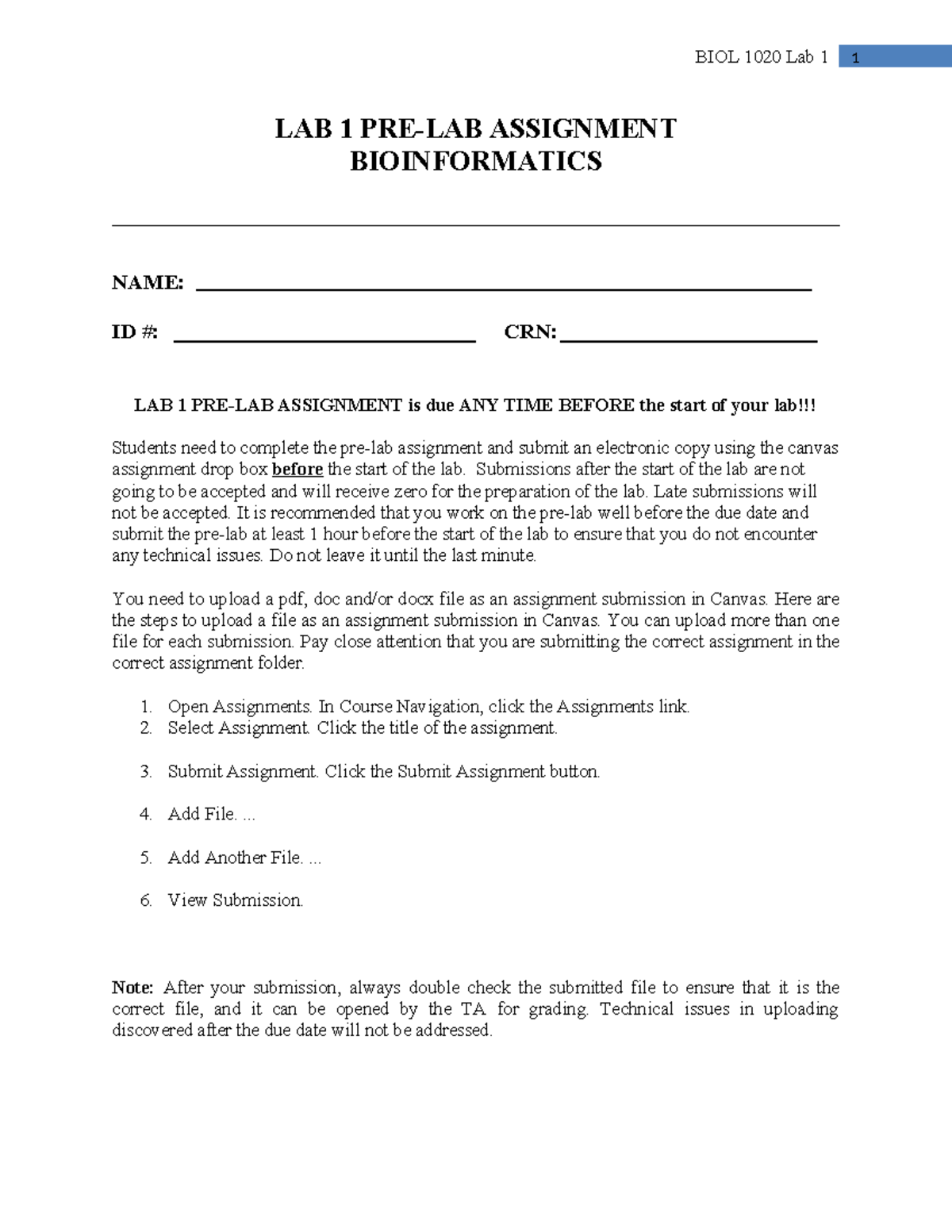 BIOL 1020 Lab 1: Bioinformatics Pre-Lab Assignment Guide - Studocu
