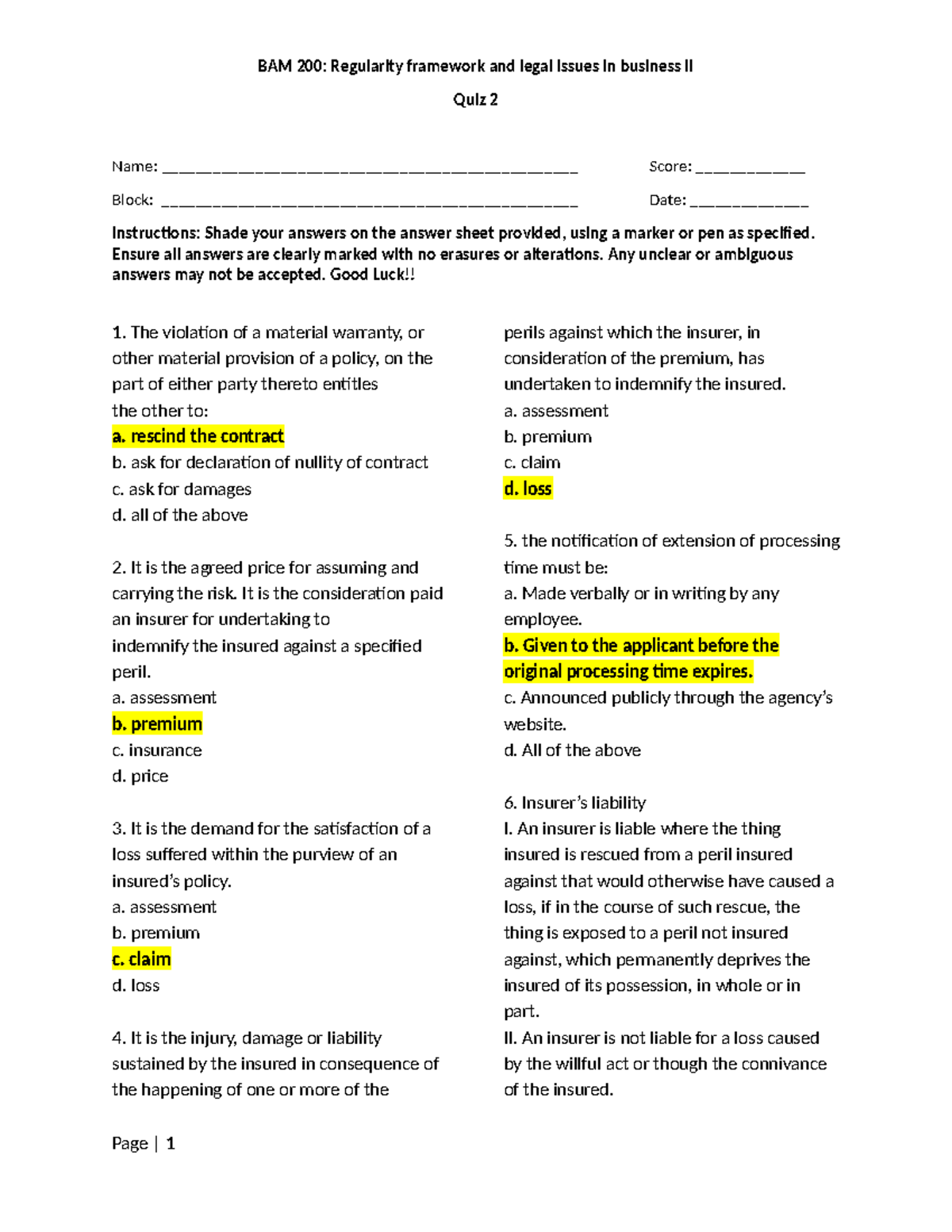BAM 200: Legal Issues in Business II - Quiz 2 Guide - Studocu