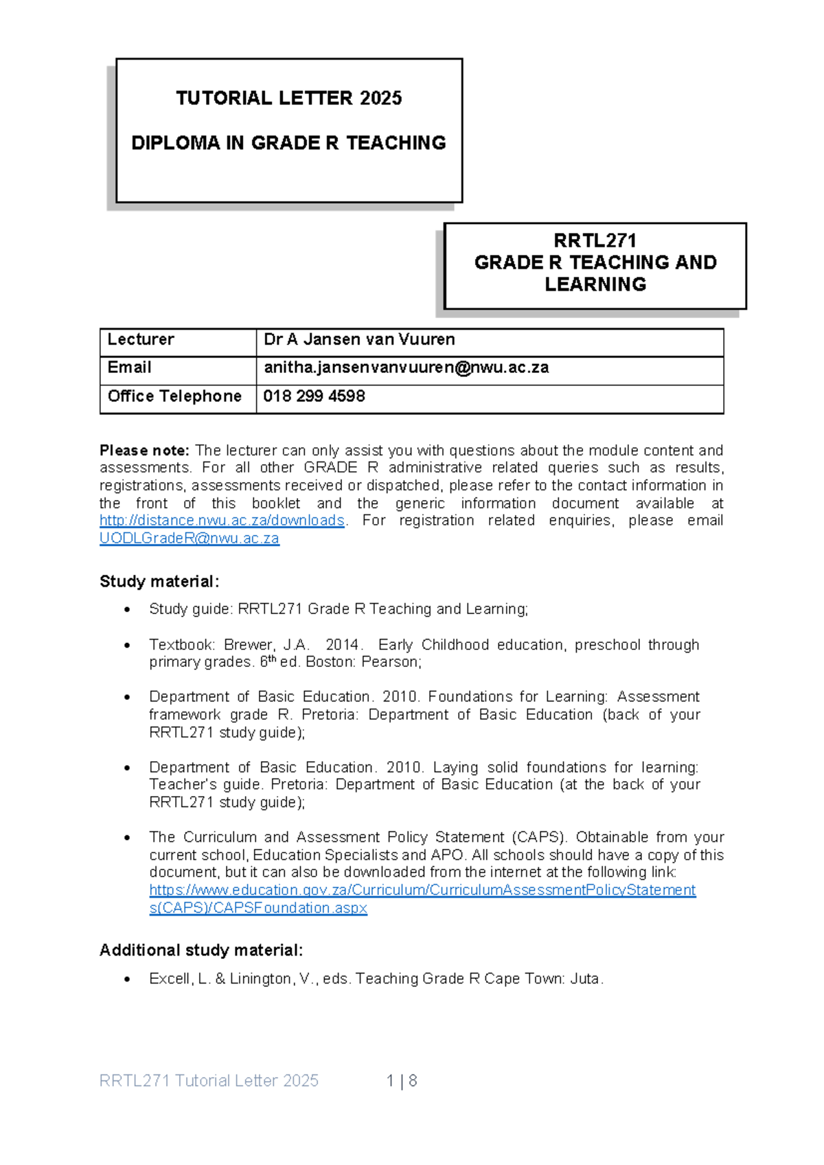 RRTL271 Tutorial Letter 2025: Grade R Teaching & Learning Guide - Studocu