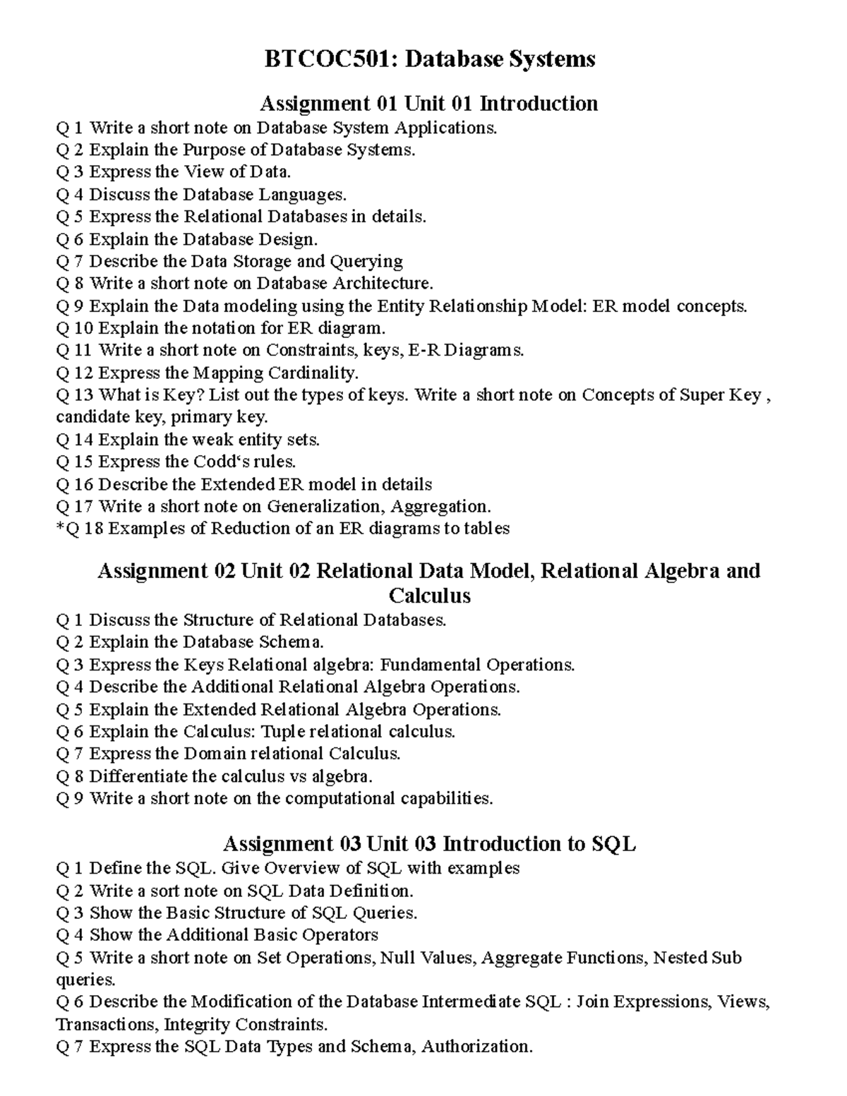 BTCOC501: Database Management Systems Comprehensive Assignment - Studocu